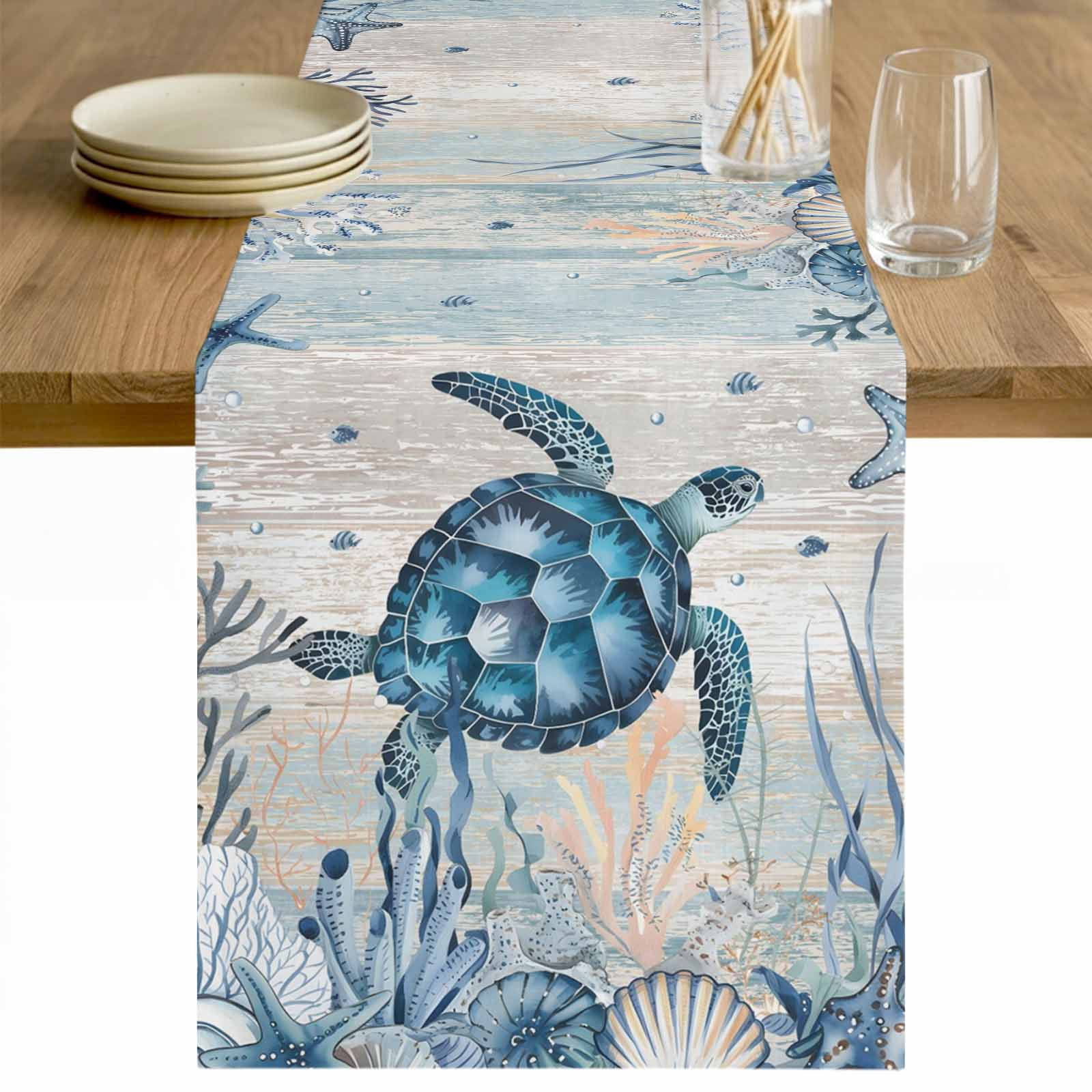 Blue Turtle Coastal Table Runner - 108 Inch Long Nautical Beach Sea ...