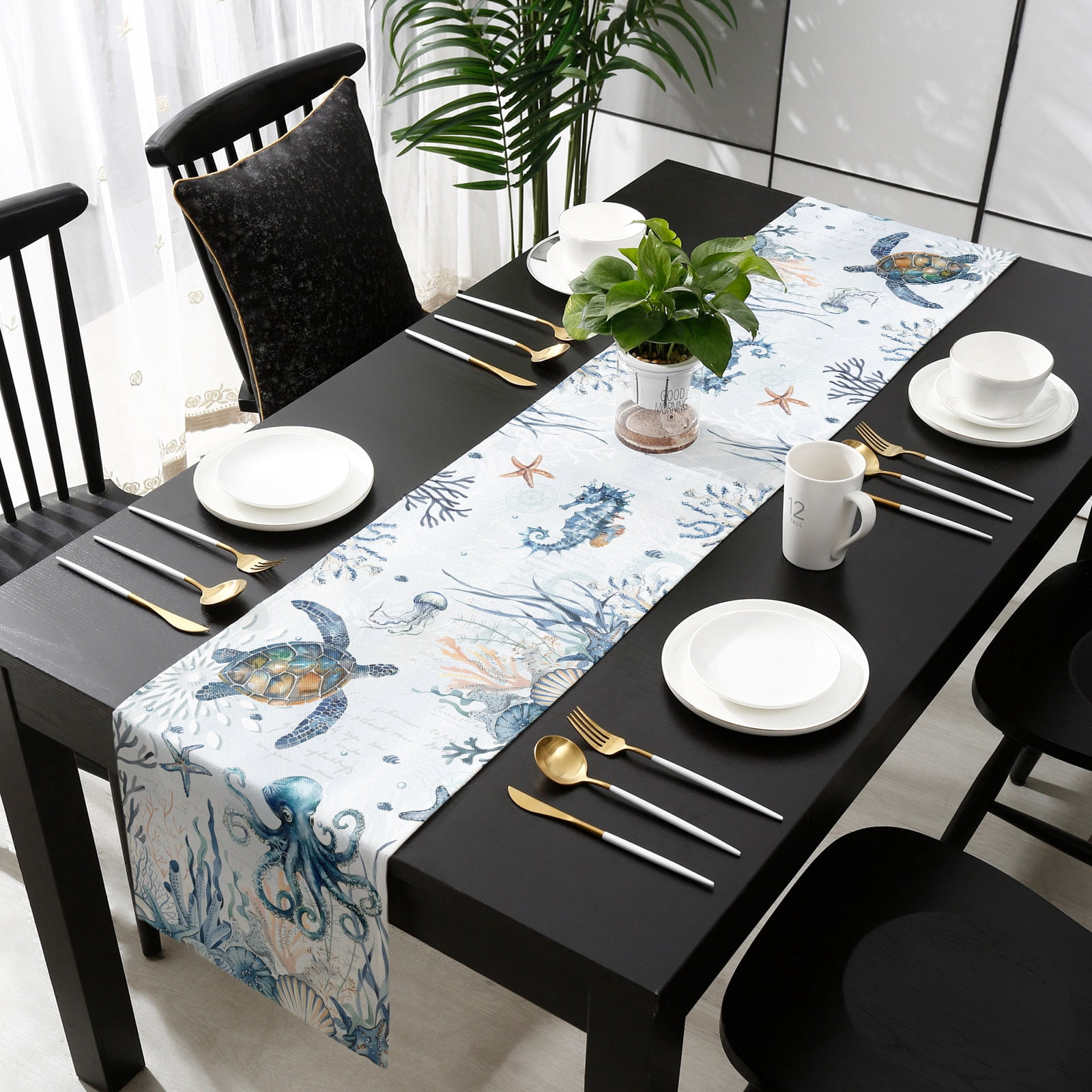 Blue Turtle Coastal Table Runner 36 Inches Small - Octopus Summer Beach ...