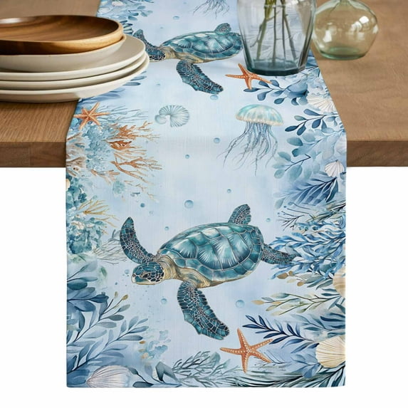 Blue Turtle Coastal Table Runner, Eucalyptus Leaves Botanical Washable ...