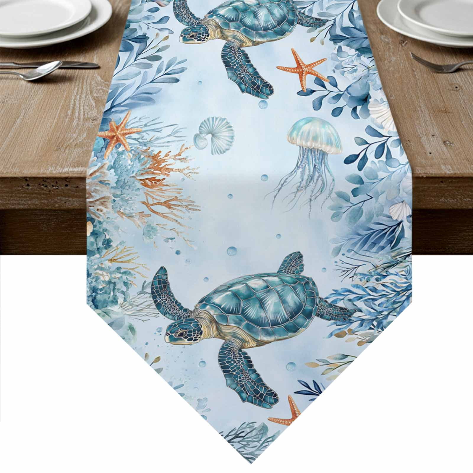 Blue Turtle Coastal Table Runner Linen Burlap Table Runner 72 Inches ...