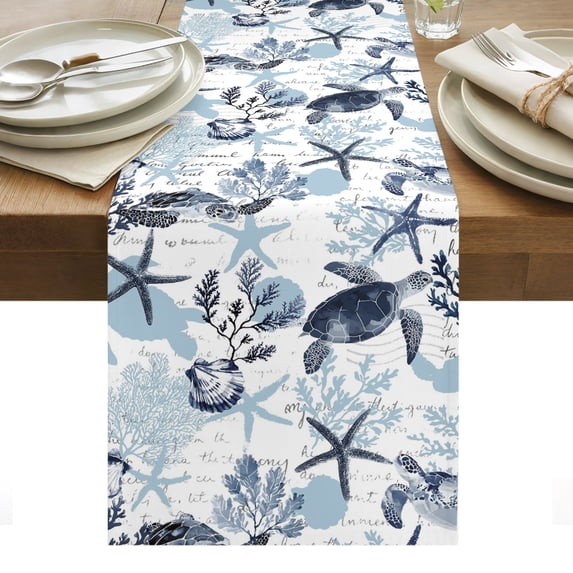 Blue Turtle Coastal Table Runner Nautical Summer Beach Starfish ...