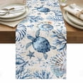 Blue Turtle Coastal Table Runner Summer Beach Coral Conch Shell Ocean ...
