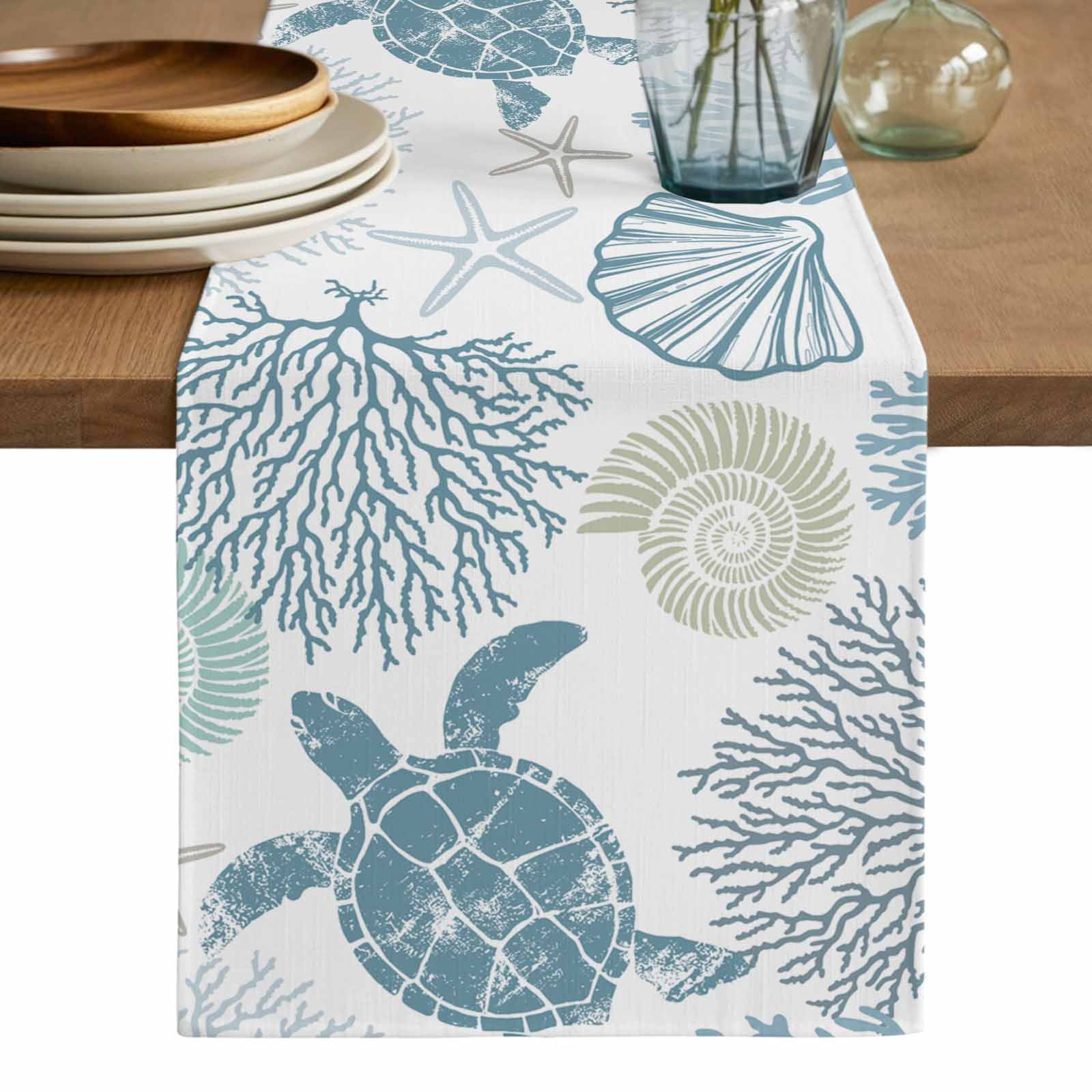 Blue Turtle Coastal Table Runner, Summer Beach Nautical Coral Washable ...