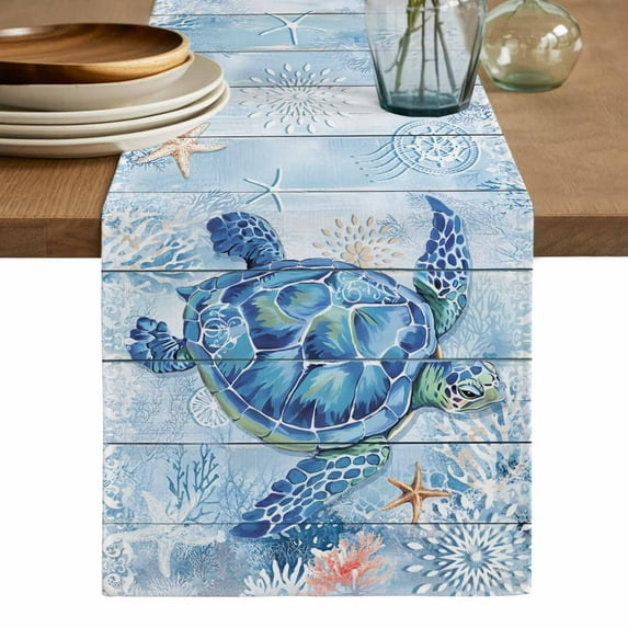 Blue Turtle Coastal Table Runner, Summer Beach Starfish Nautical ...