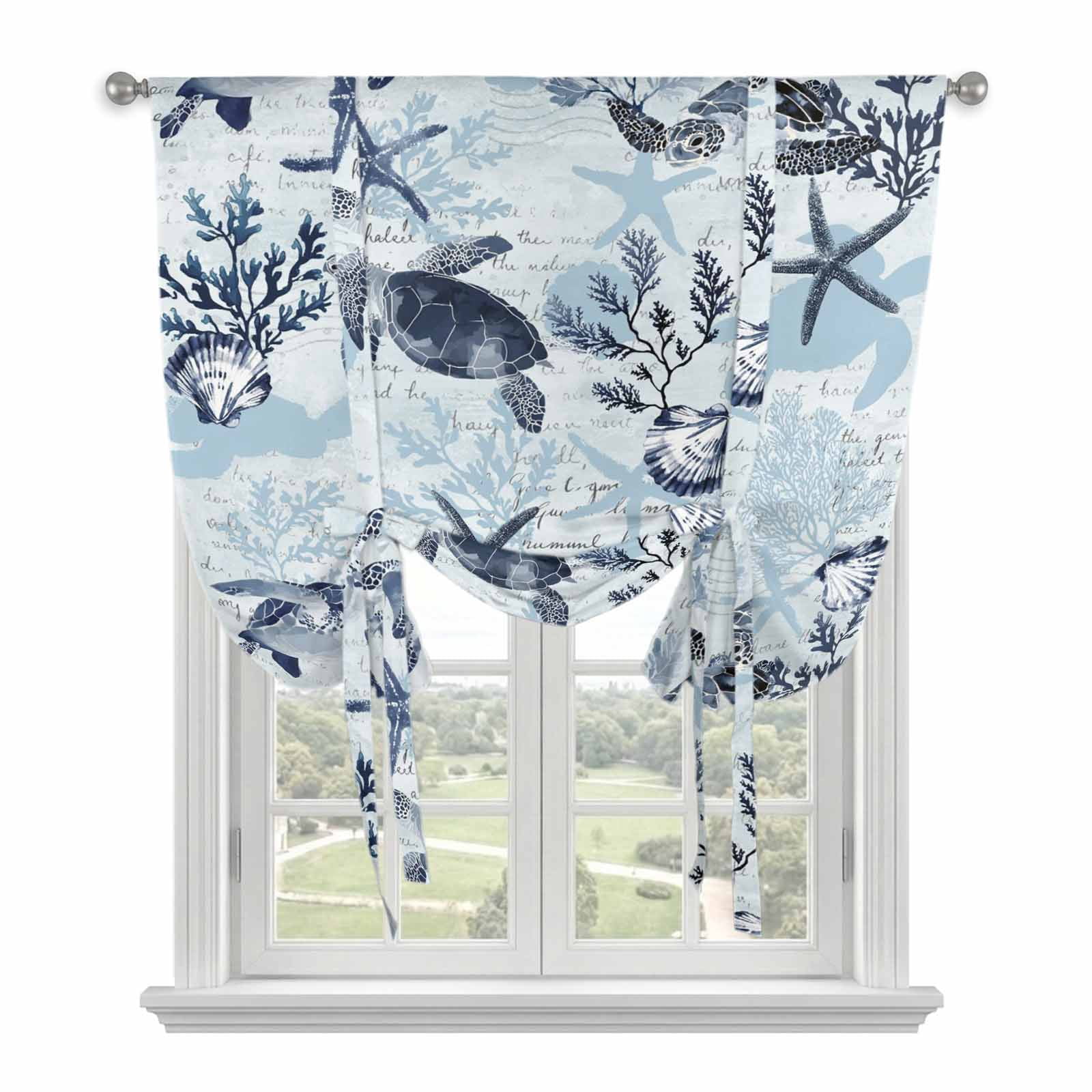 Blue Turtle Coastal Tie Up Curtains for Window, Thermal Insulated ...
