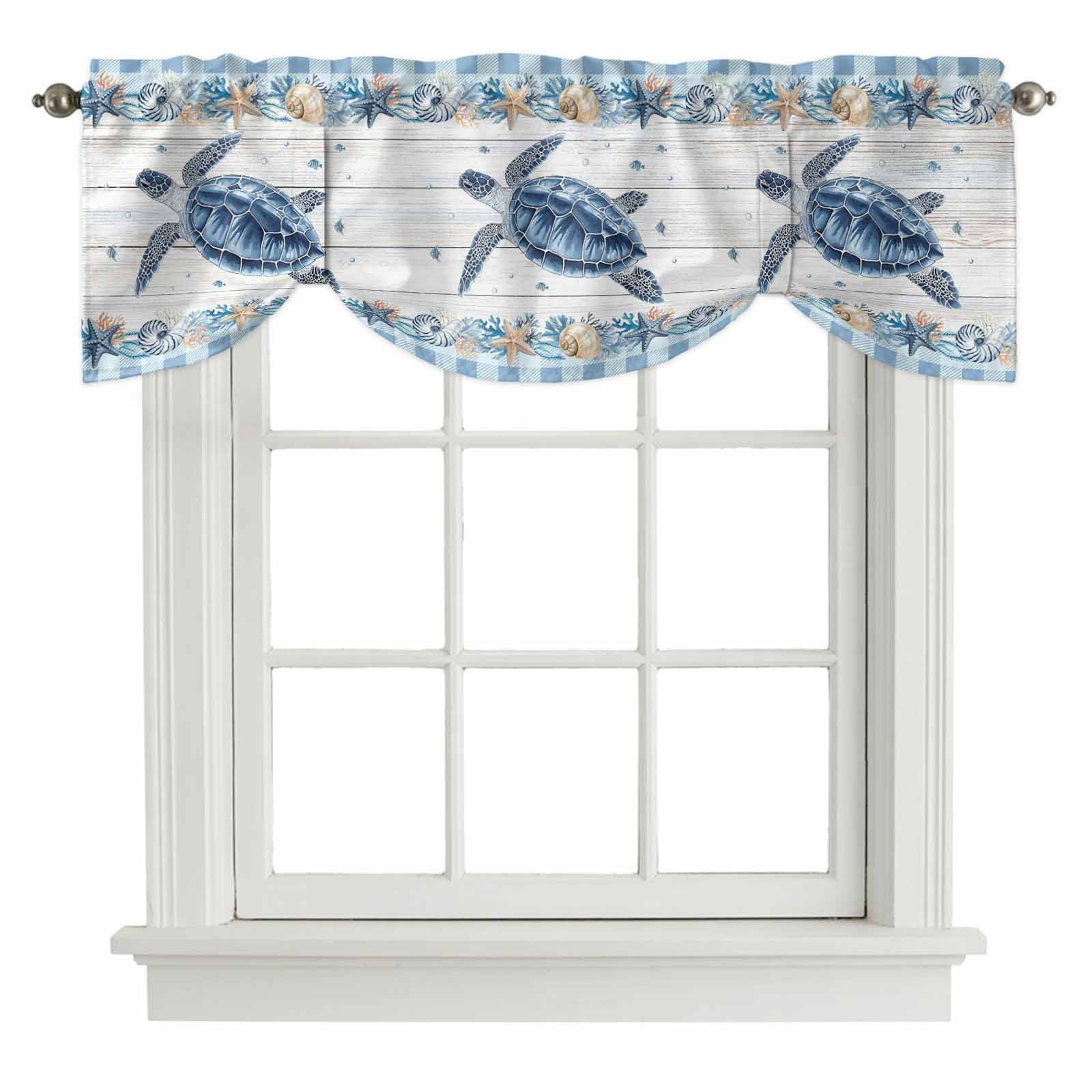 Blue Turtle Coastal Tie Up Valance Curtains Summer Starfish Beach Shell ...