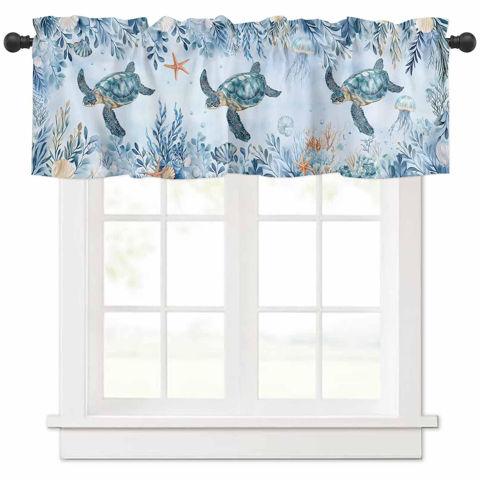 Blue Turtle Coastal Valances for Windows Farmhouse Kitchen Curtains ...