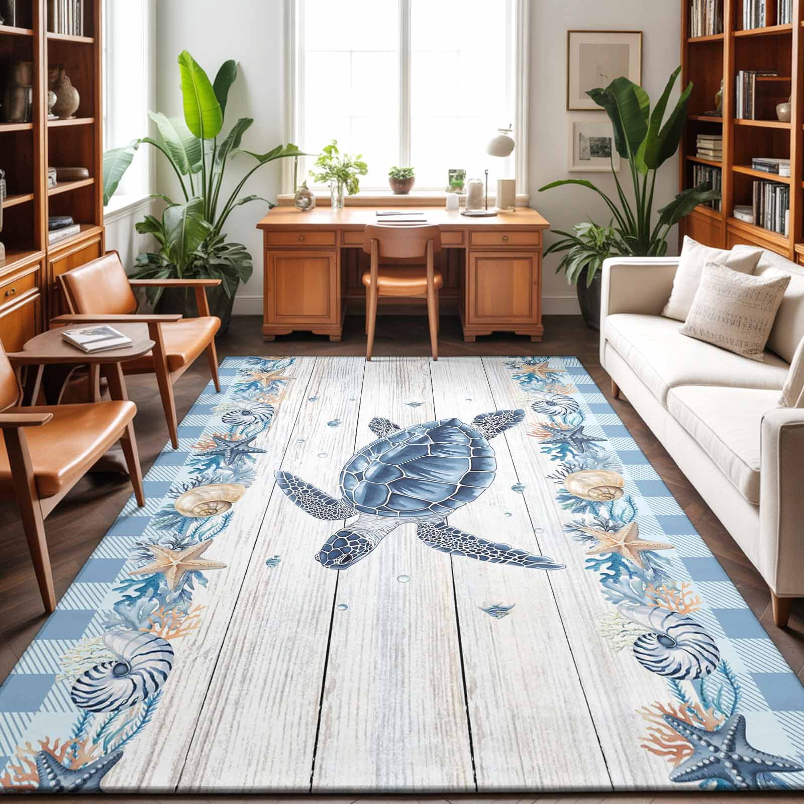 Blue Turtle Coastal Washable Area Rug 6 x 9 ft Summer Starfish Beach ...
