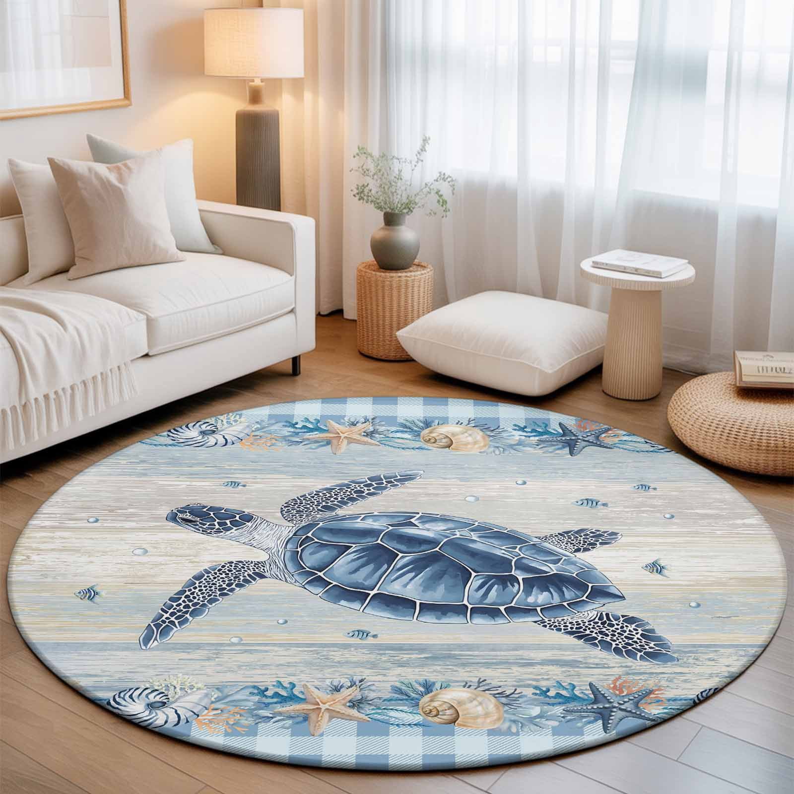 Blue Turtle Coastal Washable Round Area Rug 3 ft, Summer Starfish Beach ...
