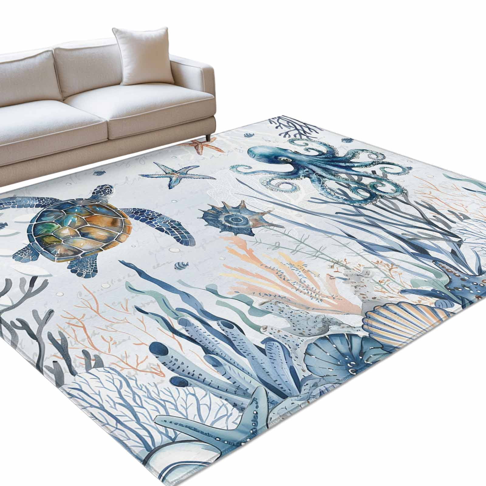 Blue Turtle Coastal Washable Rug 5x7 Area Rug for Living Room Bedroom ...