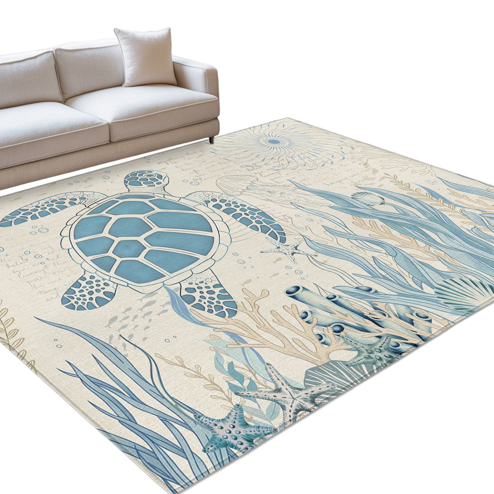 Blue Turtle Coastal Washable Rug 6x9 Area Rug for Living Room Bedroom ...