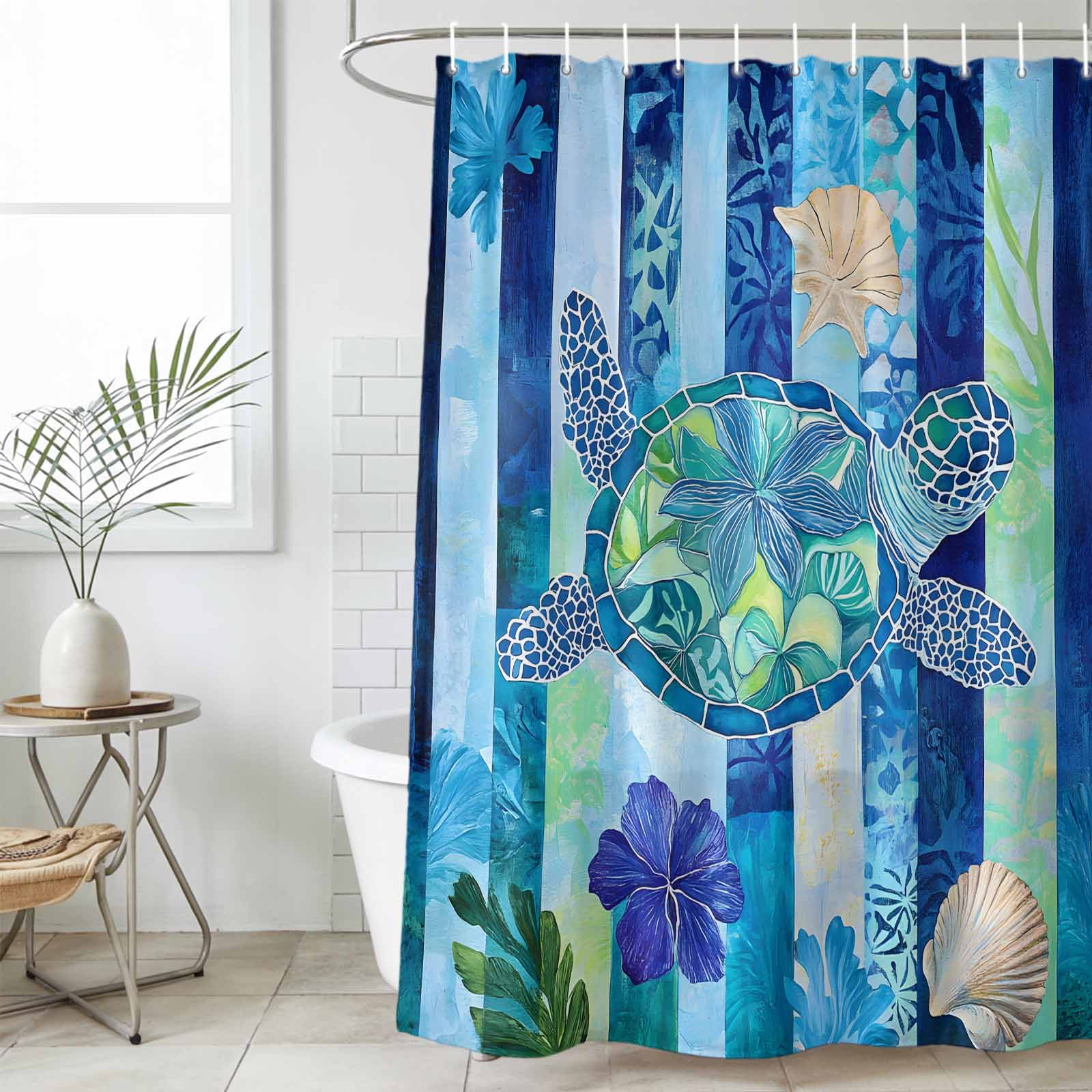 Blue Turtle Coastal Waterproof Fabric Shower Curtain,Nautical Beach ...