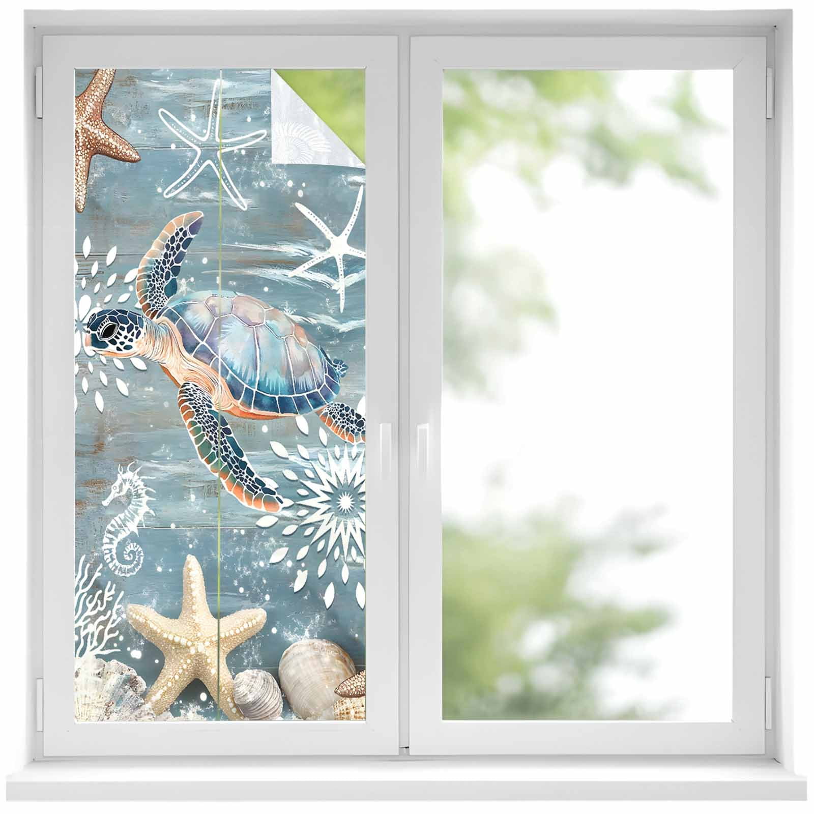 Blue Turtle Coastal Window Privacy Film, Summer Beach Nautical Starfish ...