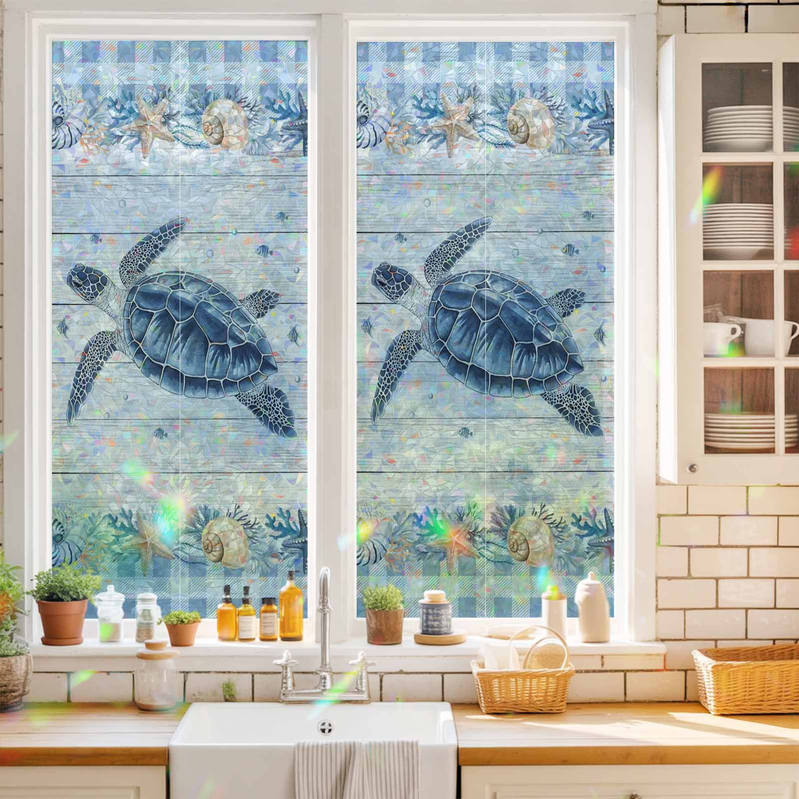Blue Turtle Coastal Window Privacy Film Summer Starfish Beach Shell ...