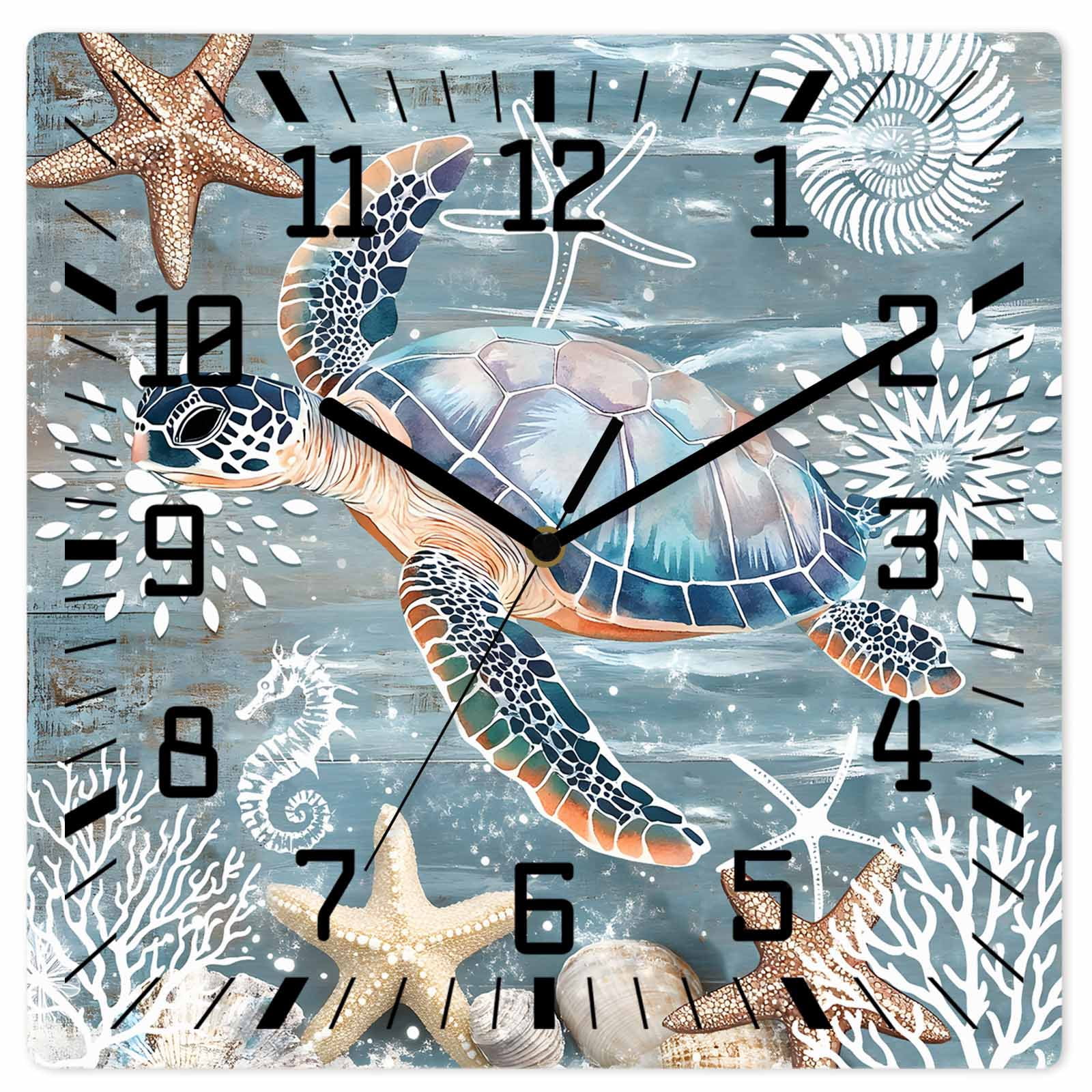 Blue Turtle Coastal Wooden Wall Clock Silent Non Ticking, Summer Beach ...