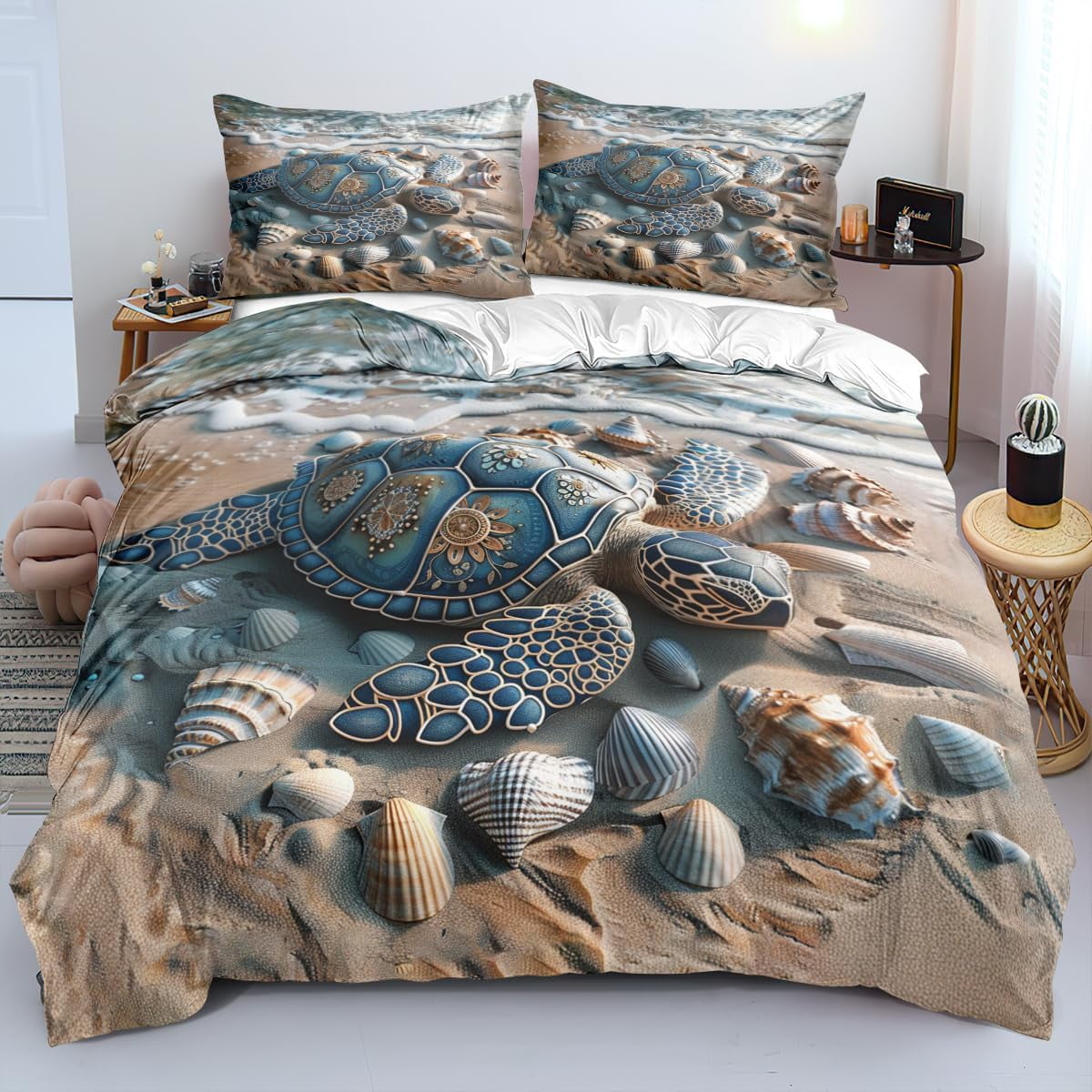 Blue Turtle Comforter Cover Gold Floral Sea Tortoise Quilt Cover ...