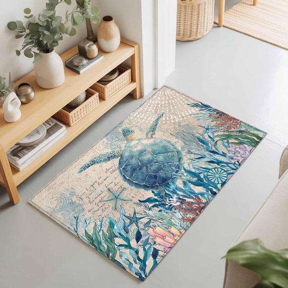 Blue Turtle Coral Sea Anemone Rectangle Rug 2'x3' Starfish Vintage ...