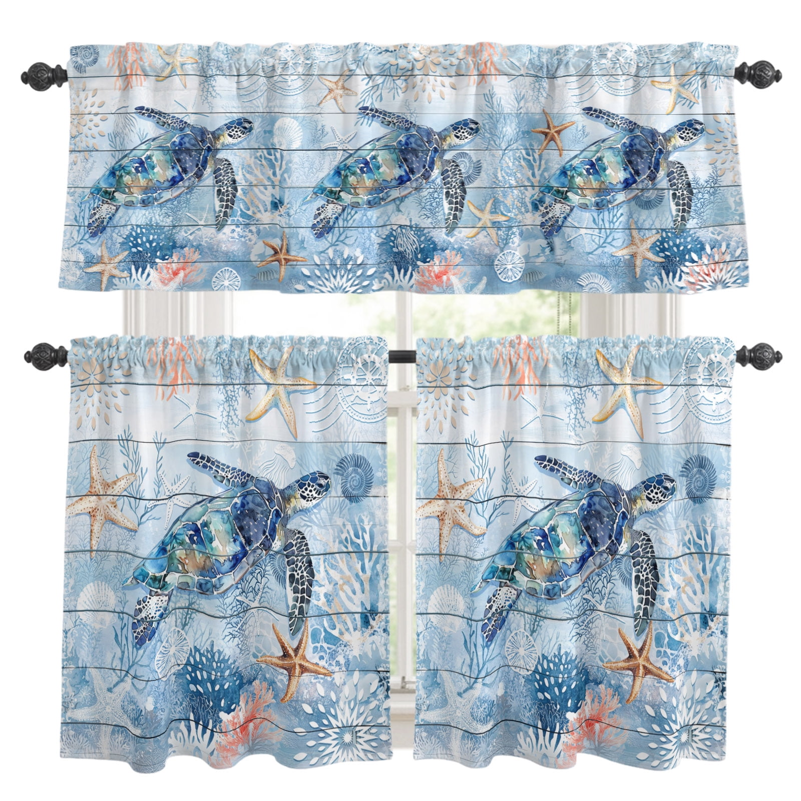 Blue Turtle Kitchen Curtains Set for Windows, Summer Ocean Beach ...