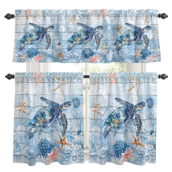 Blue Turtle Kitchen Curtains Set for Windows, Summer Ocean Beach ...