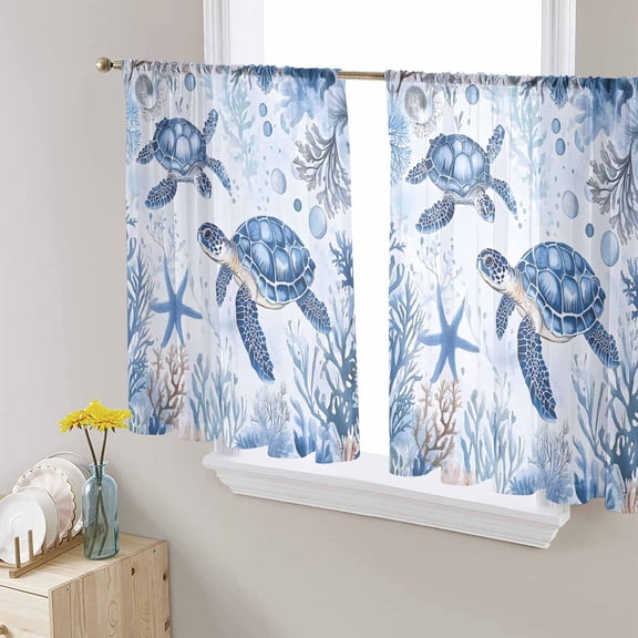 Blue Coastal Sheer Curtains 84 Inch Length 2 Panels Set, Summer Beach ...