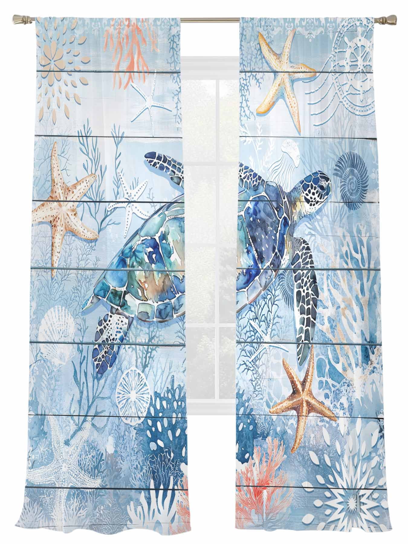 Blue Turtle Sheer Curtains 96 Inch Long 2 Panels, Summer Ocean Beach ...