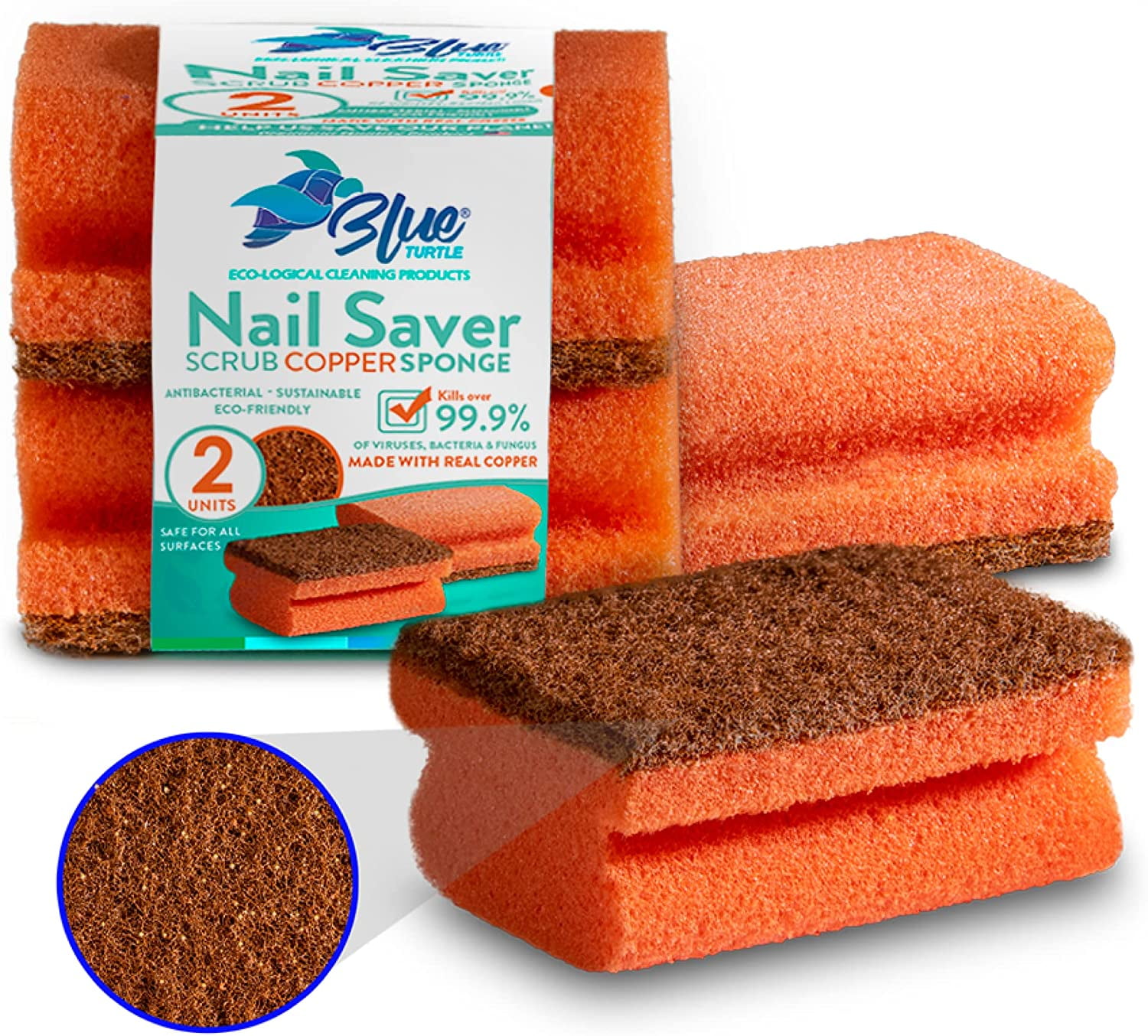 Blue Turtle Sponges for Dishes, Copper Nail Saver Kitchen Scrubbers ...