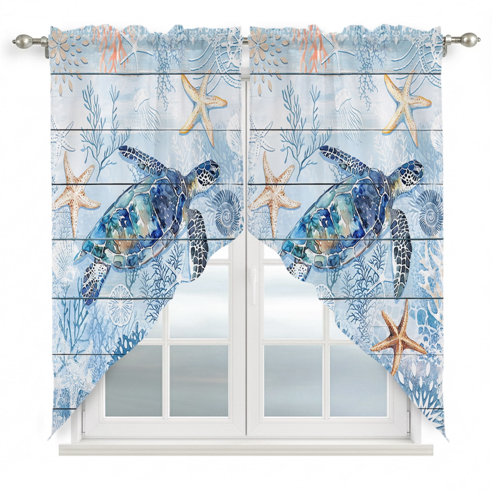 Blue Turtle Swag Curtain Valance for Window 2 Panels Summer Ocean Beach ...