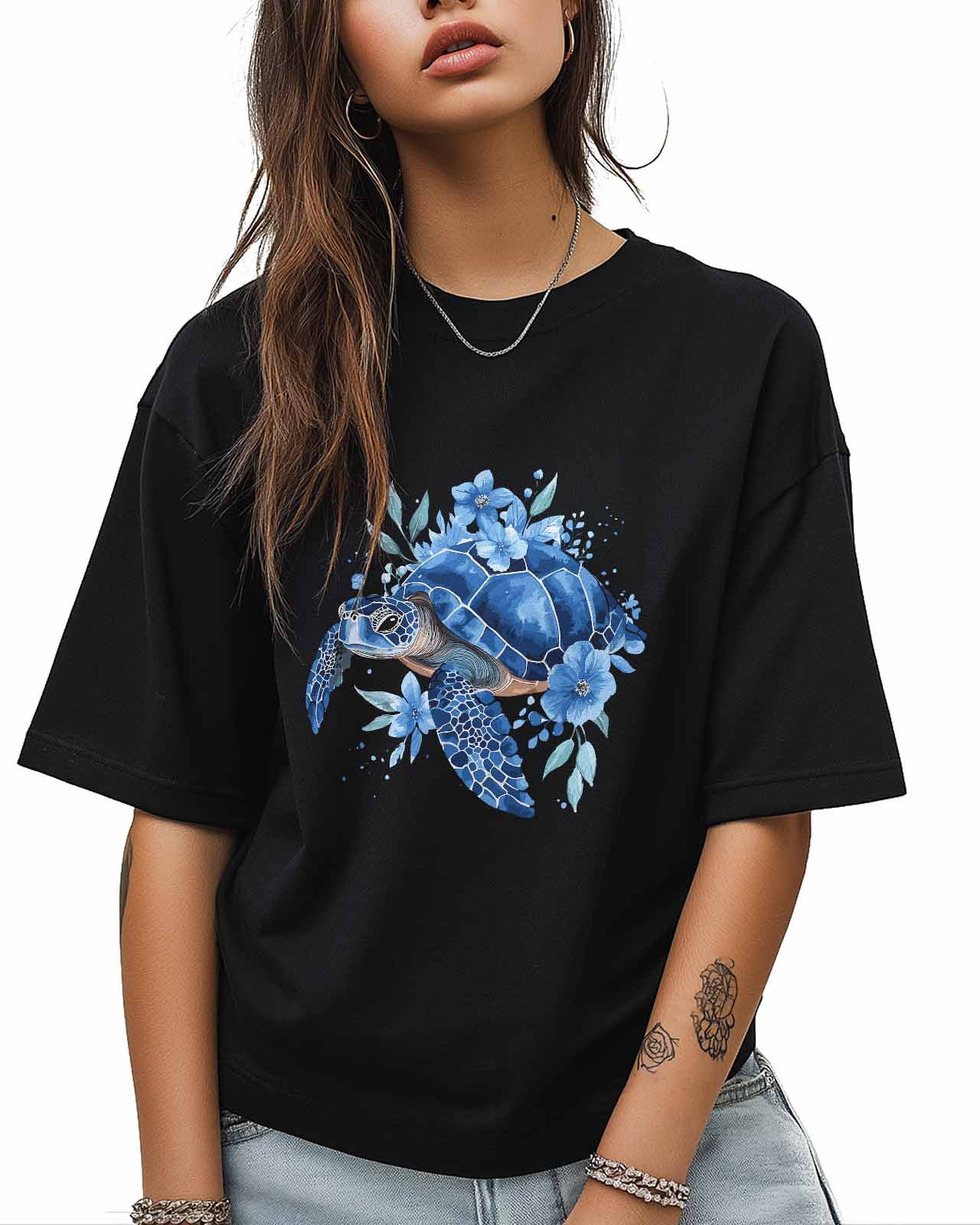 Blue Turtle T Shirts for Women Short Sleeve Cotton Crewneck T-Shirt ...