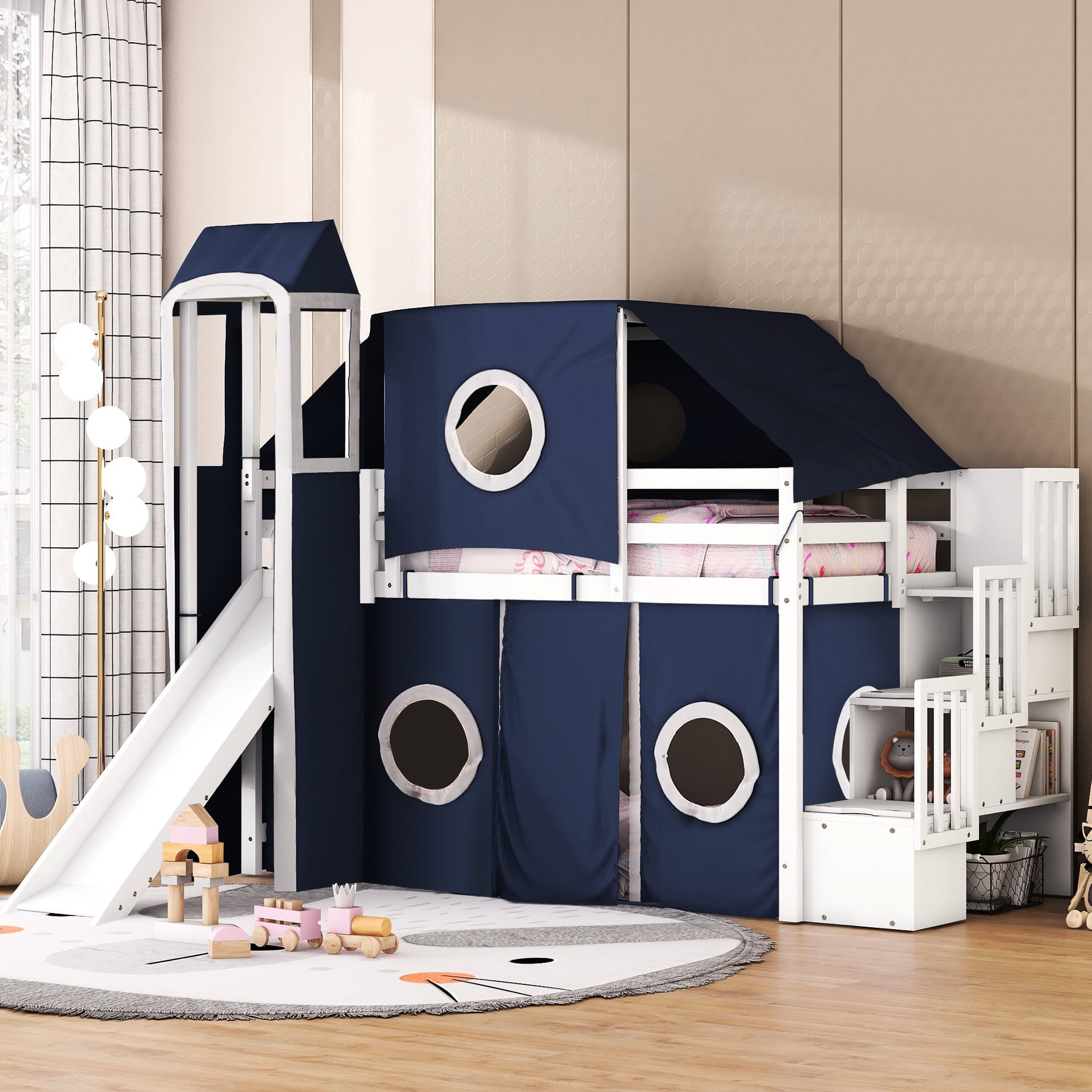 Blue Twin Size Loft Bed, Durable Construction, Airy Under - Bed Area ...
