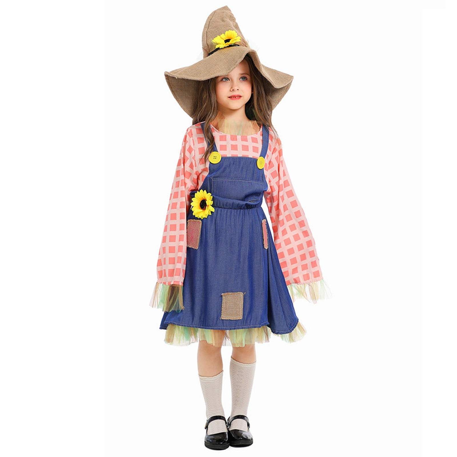 Blue Two Girls Puppet Plaid Dress With Floral Patch Straw Dress ...