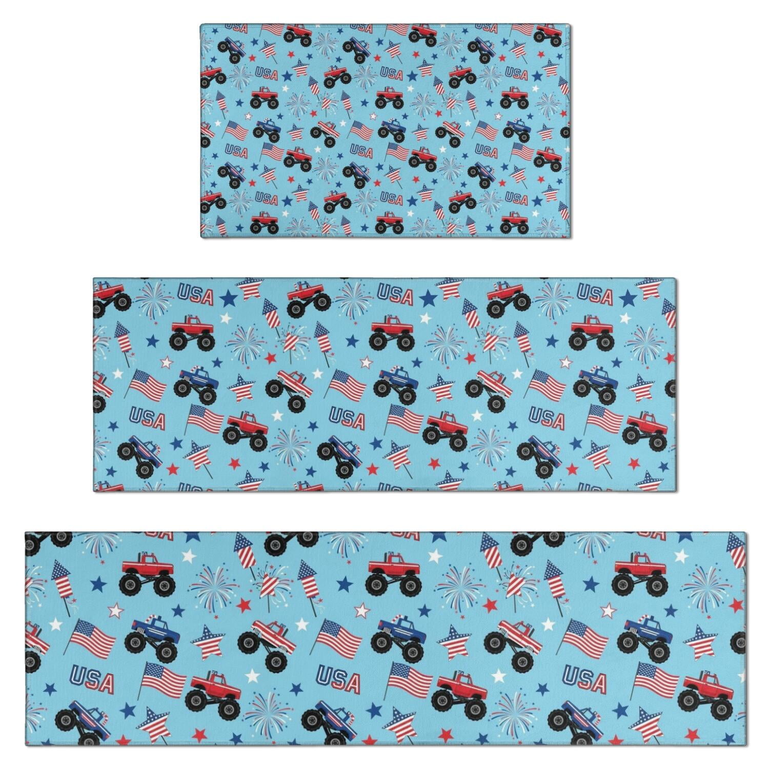 Blue USA Monster Cartoon Trucks Pattern Kitchen Rugs Sets Of 3,Kitchen ...
