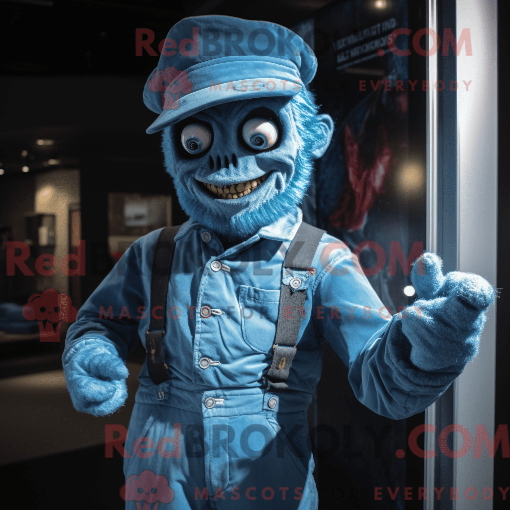 Blue Undead REDBROKOLY mascot costume character dressed with a Overalls ...
