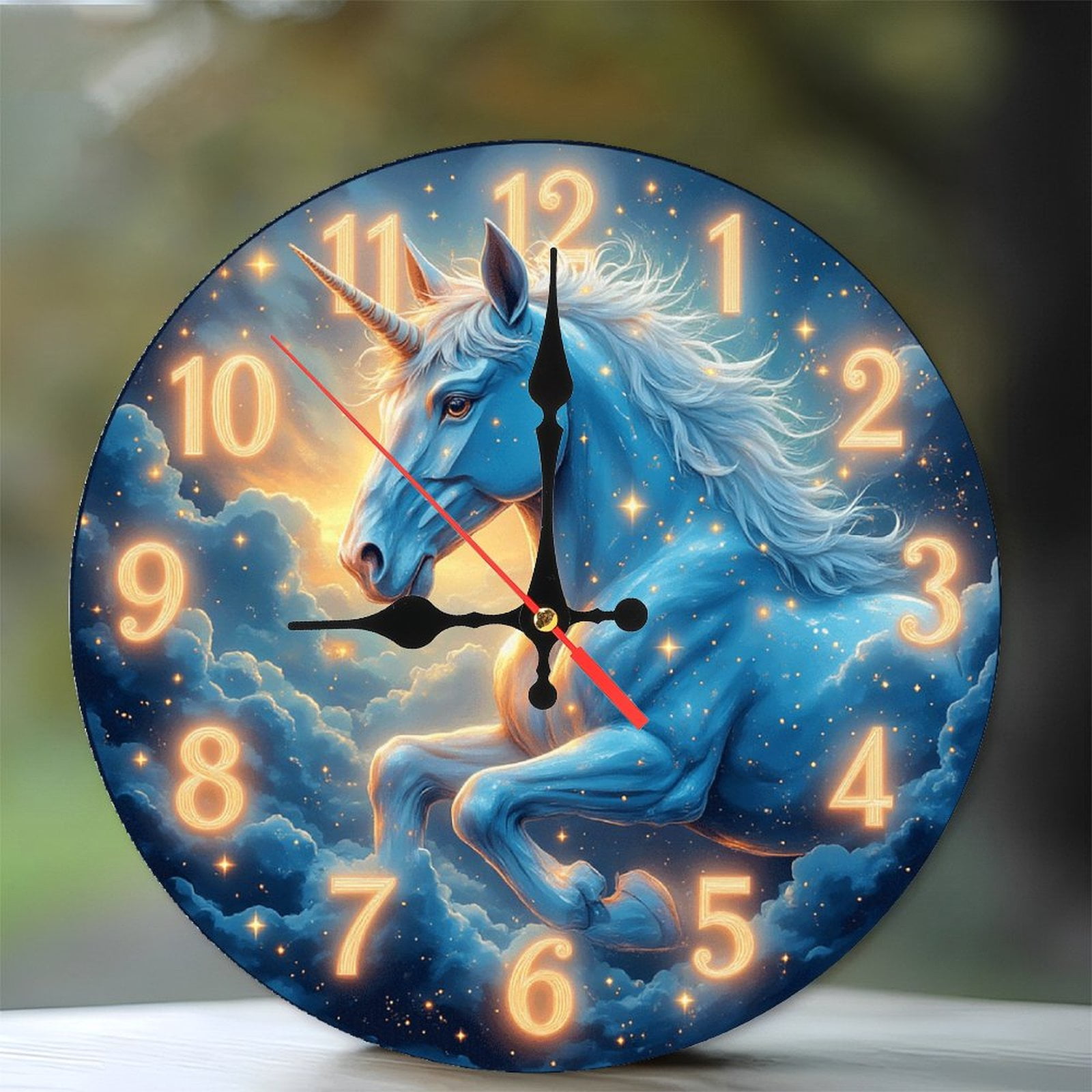 Blue Unicorn Wall Clock Starry Sky Design 10-Inch Silent Wooden Wall ...