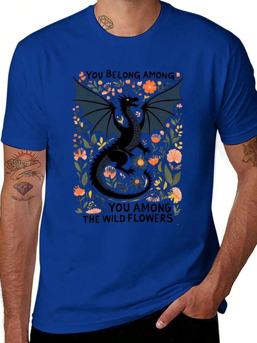 Blue Unisex Comfort Fit T-Shirt With Black Dragon And Wildflowers ...