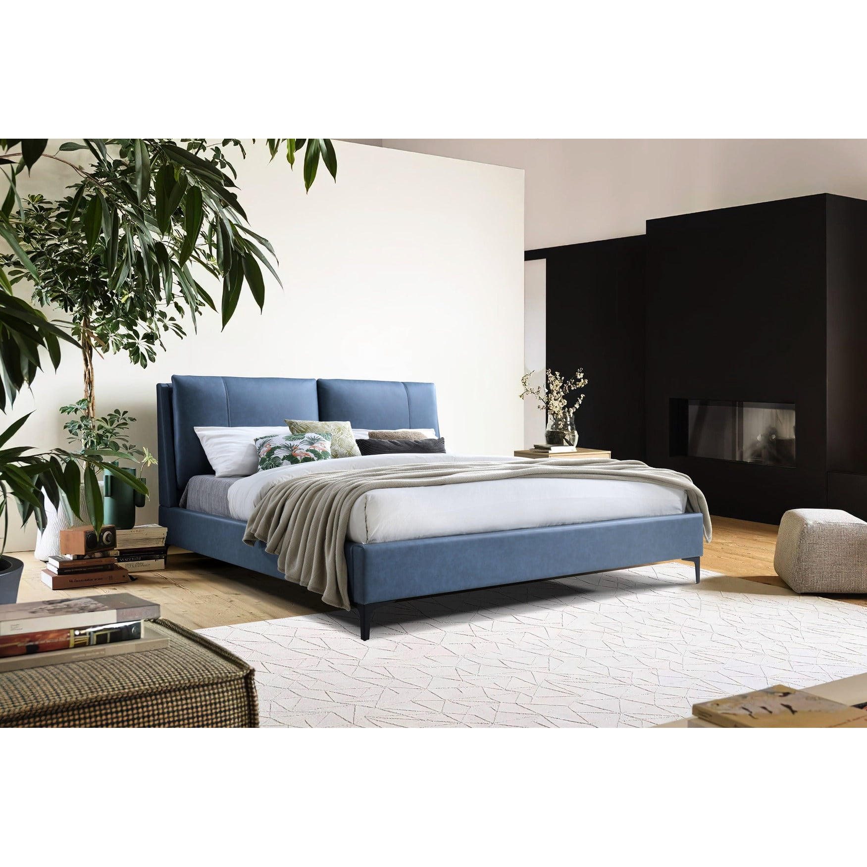 Blue Upholstered King Bed With Soft Padding Pillowed Headboard And ...
