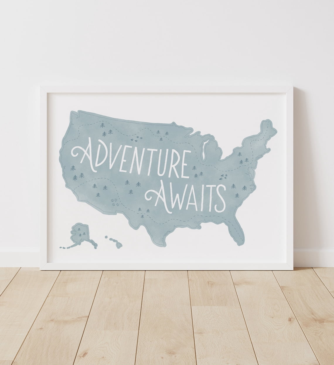 Blue Us Map Poster Adventure Awaits Wall Art Woodland Nursery Decor ...