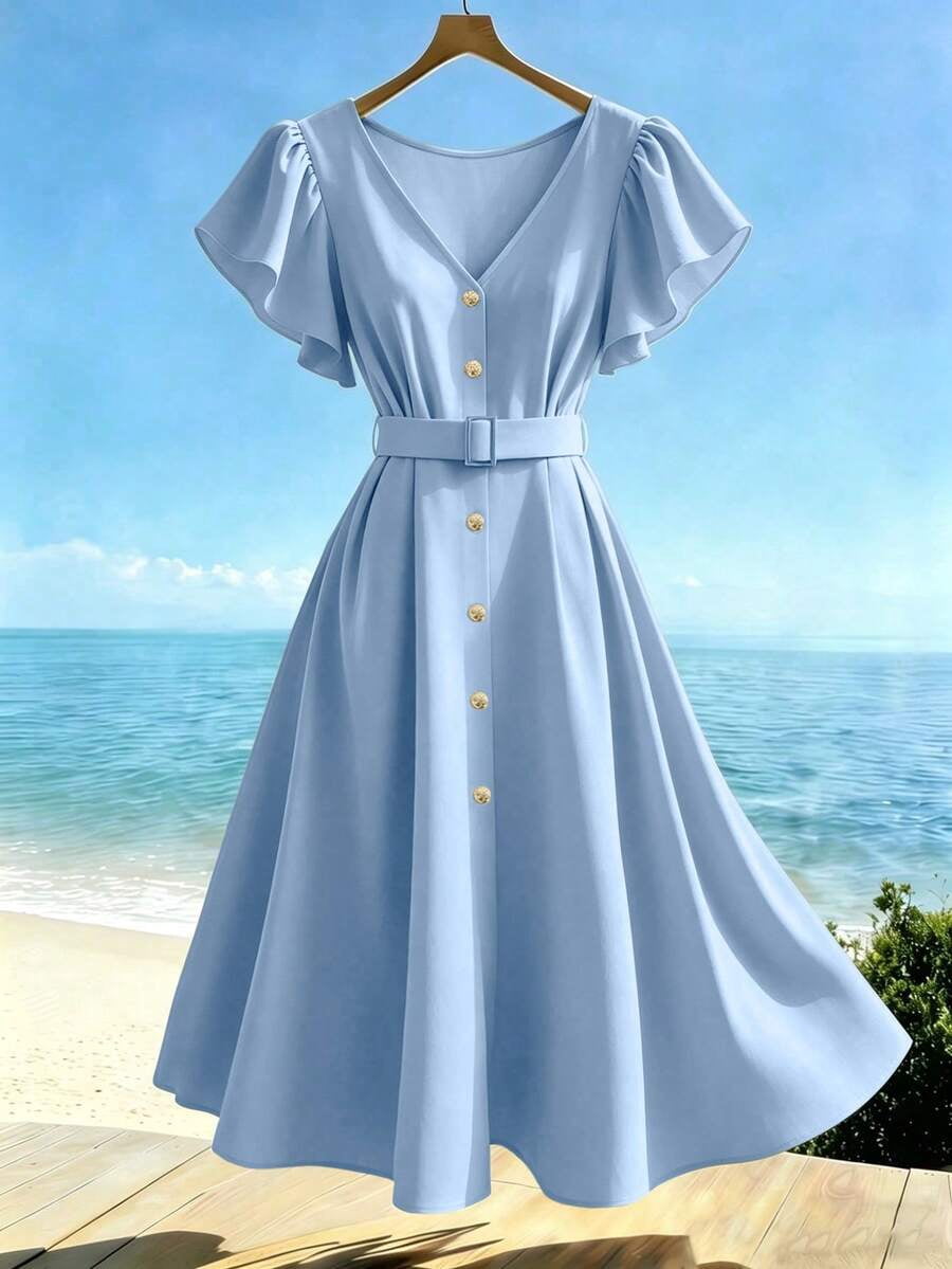 Blue V-Neck Ruffle Sleeve Button-Front A-Line Midi Dress With Belt ...