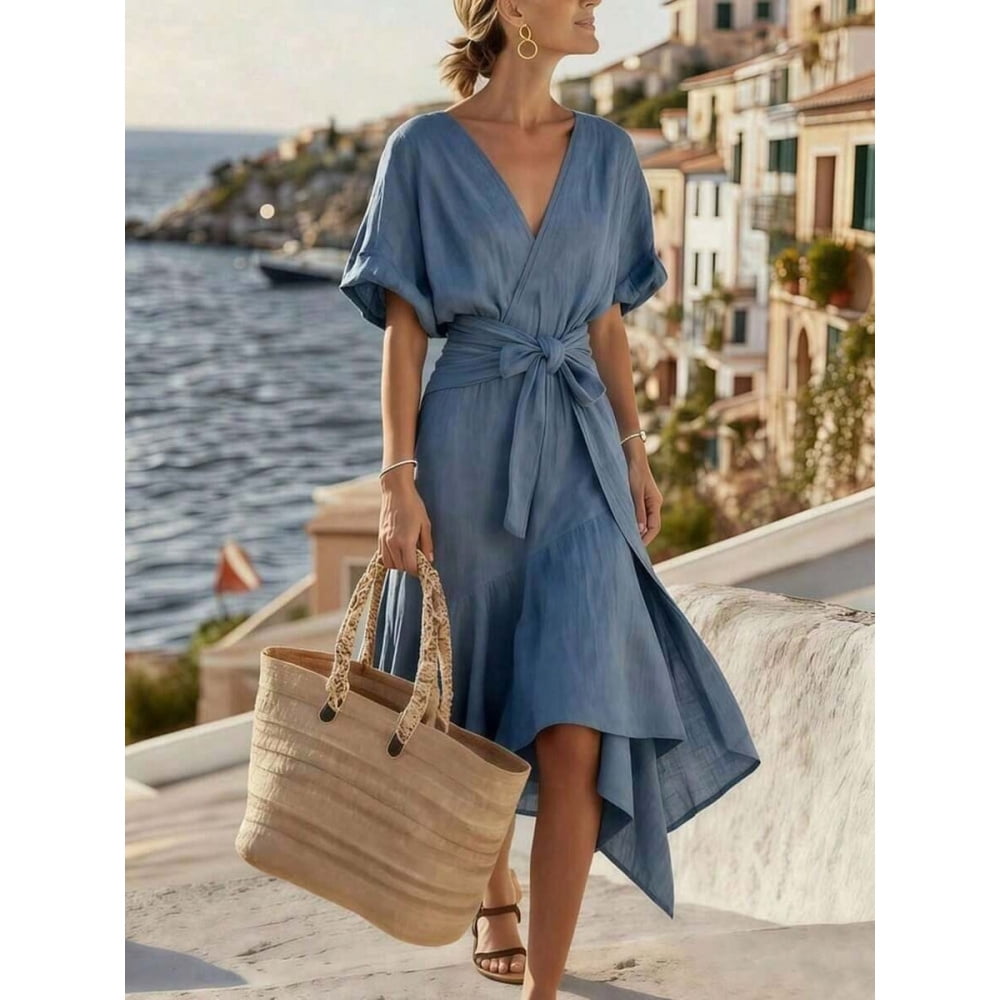 Blue V-Neck Tie-Waist Wrap Midi Dress With Asymmetrical Hem ...