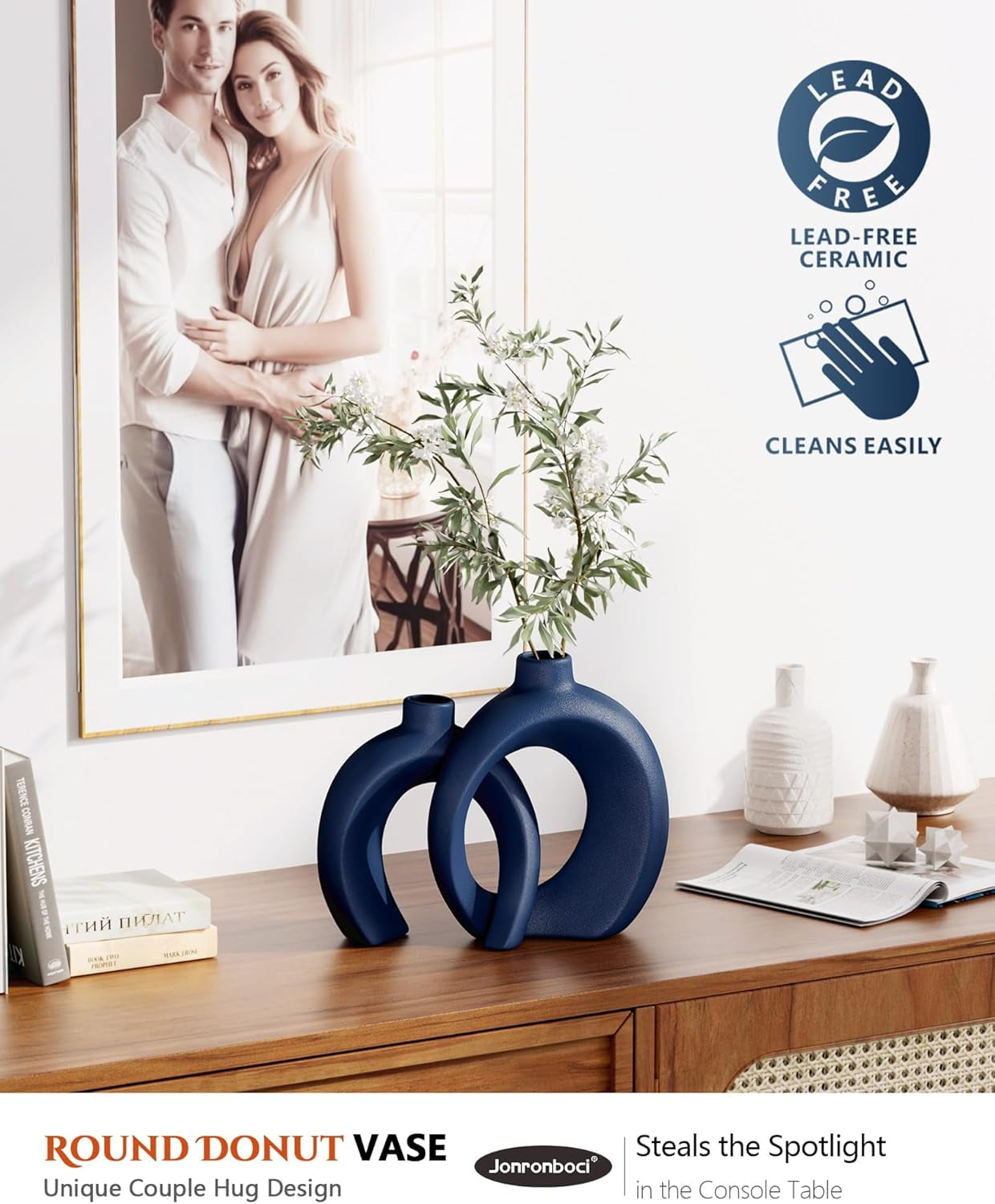 Blue Vase Set of 2 - Donut Navy Vases Home Decor, Modern Coastal Decor ...