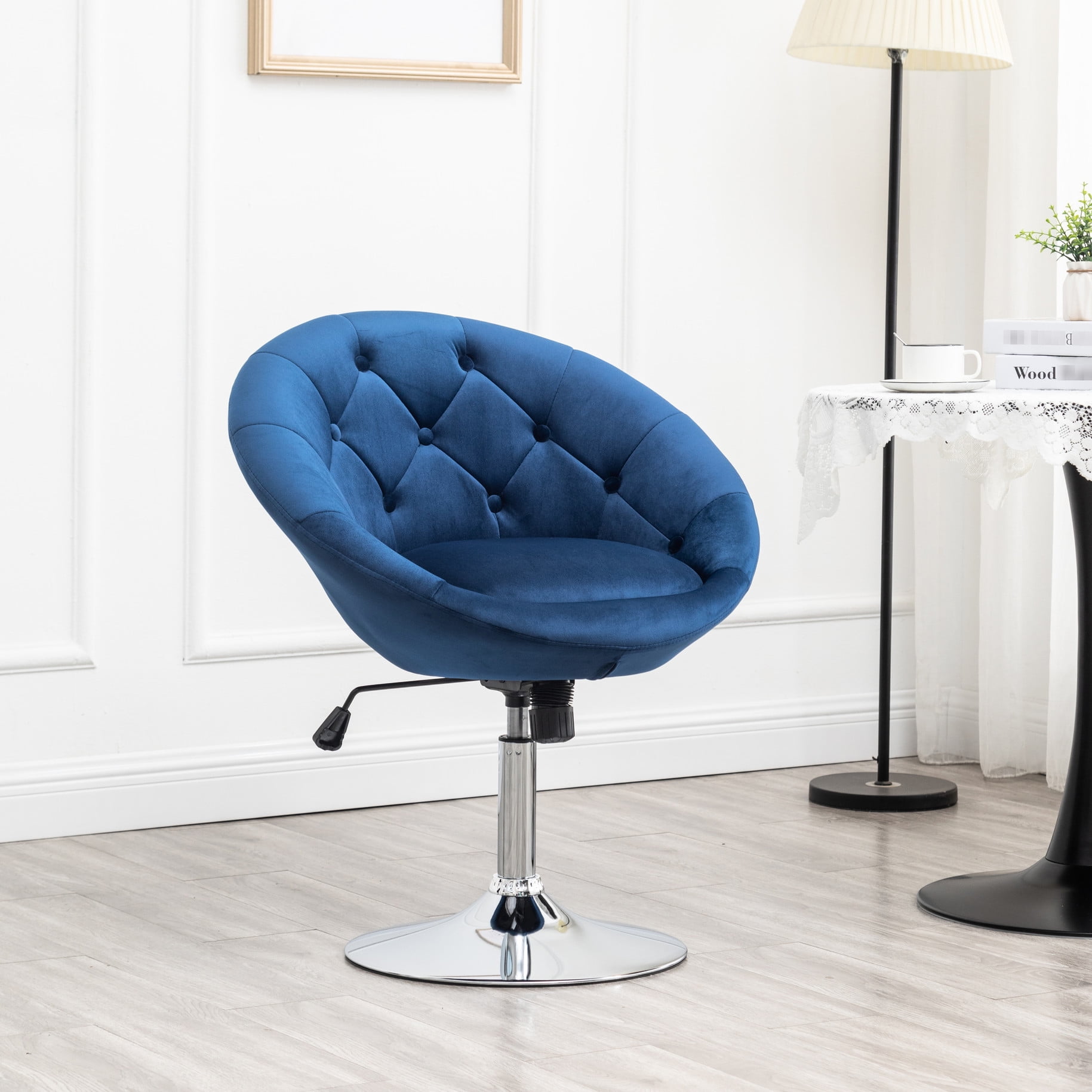 Blue Button-Tufted Swivel Chair | Velvet Material | 360-Degree Movement ...