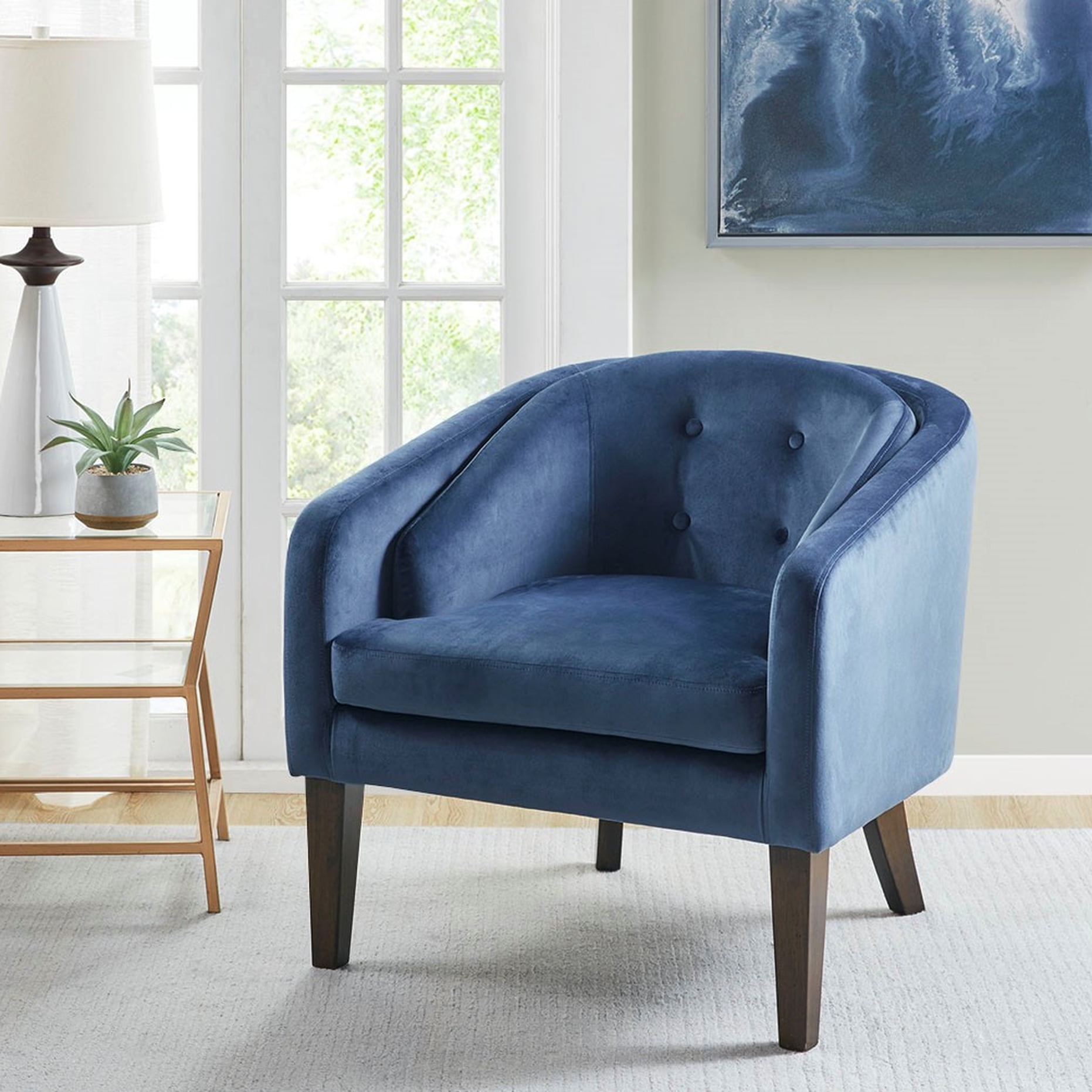 Blue Velvet Accent Chair, Mid-century Curved Chair In Velvet, Solid ...