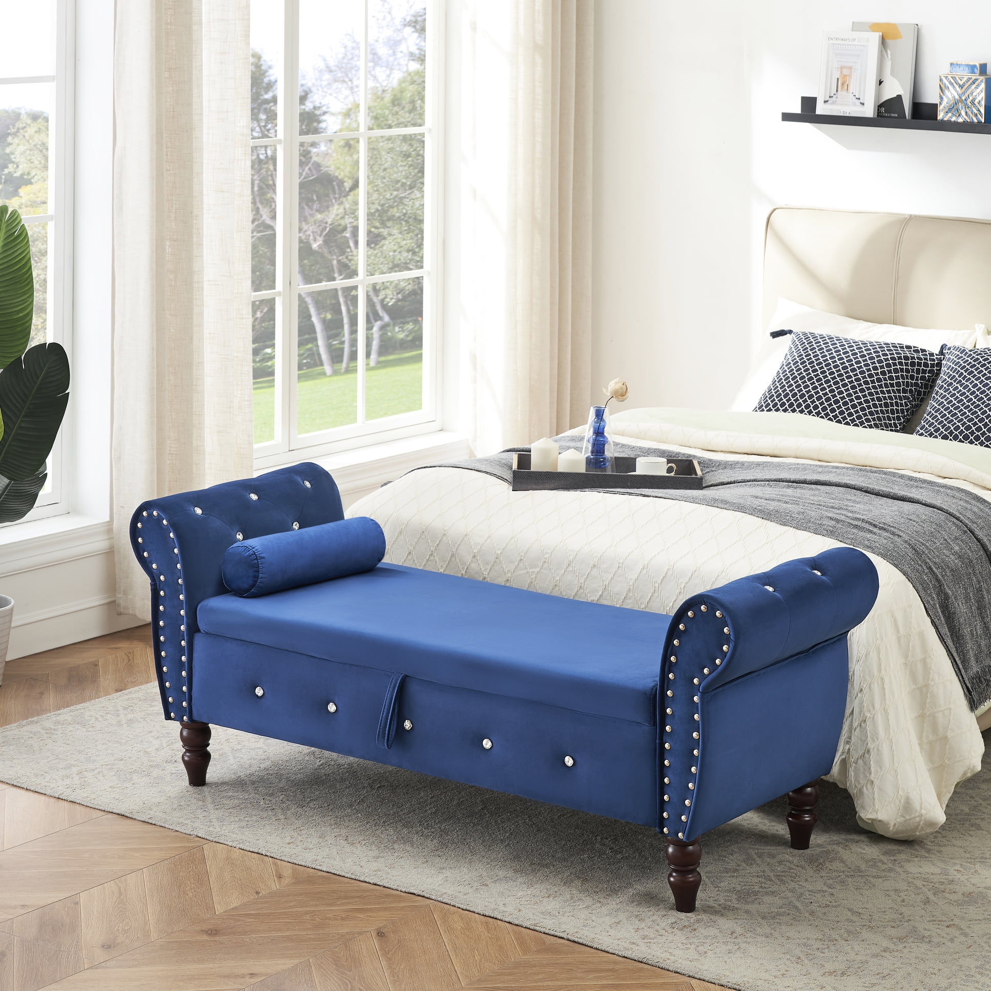 Blue Velvet Bench With Solid Wood Legs And Crystal Button, For Bedroom ...