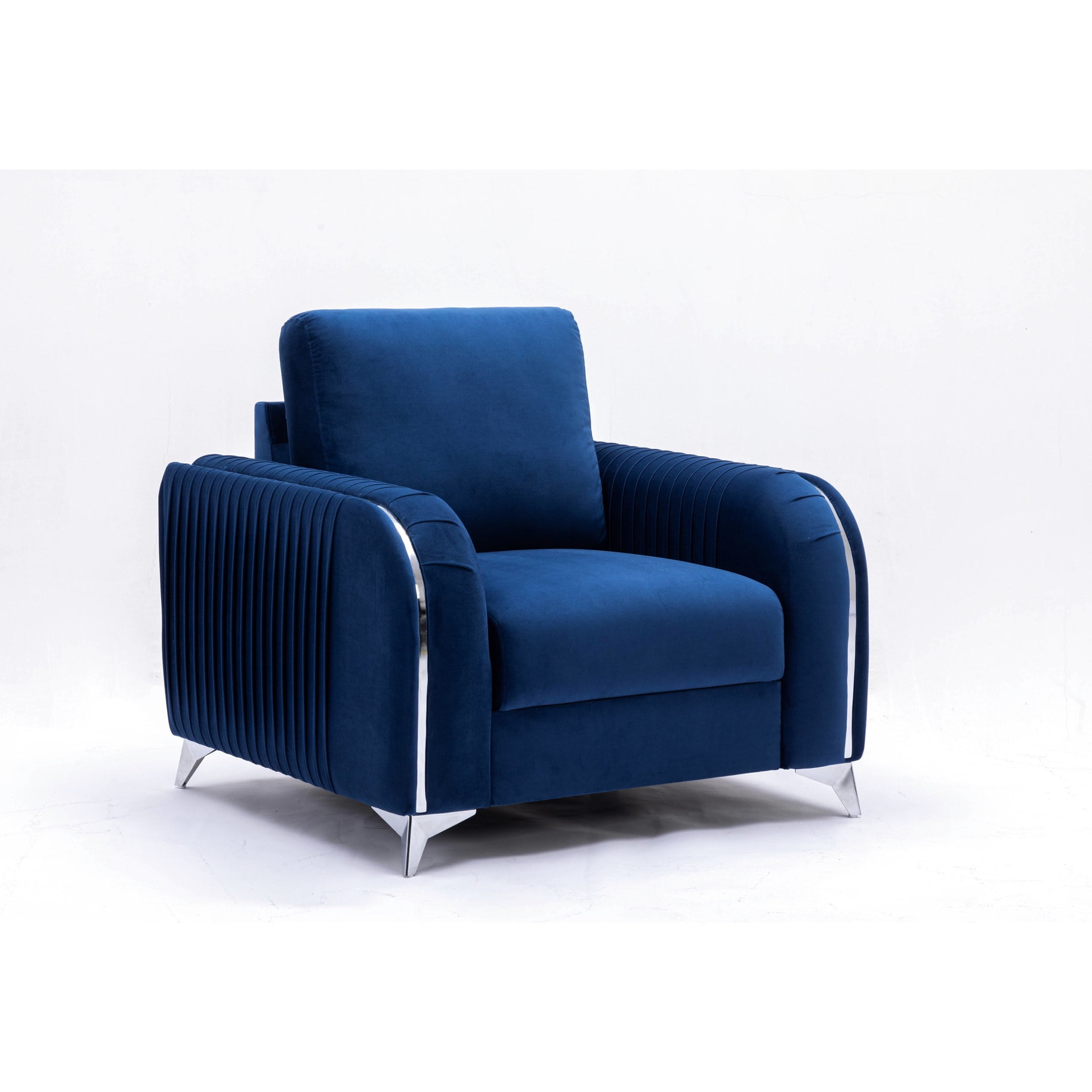 Blue Velvet Chair with Vertical 3D Armrests and Chrome Accents for ...