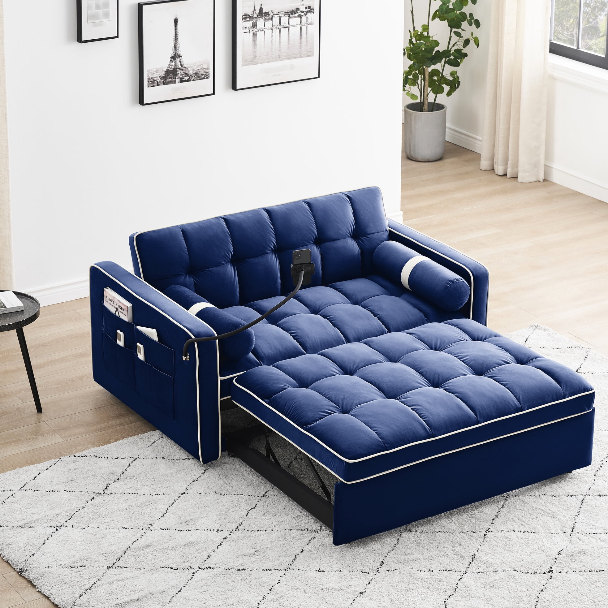 Blue Velvet Convertible Sleeper Couch With Pull Out Bed For Small ...