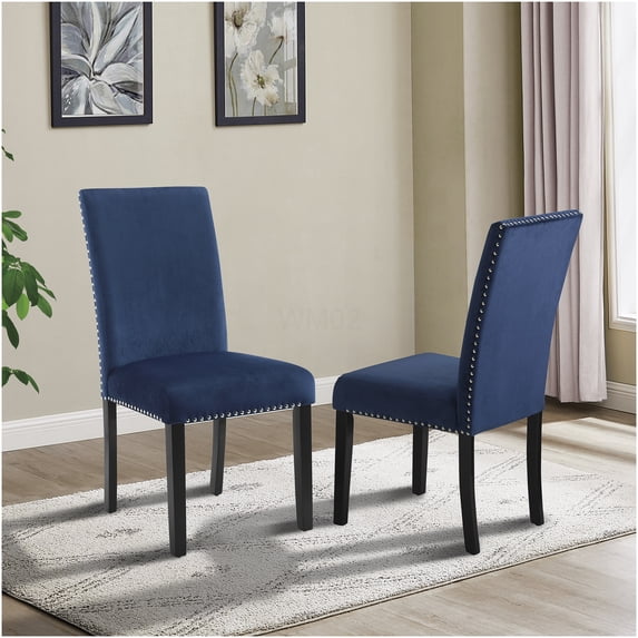 Blue Velvet Dining Chairs Set of 2 with Nailhead Trim and Wood Legs for ...