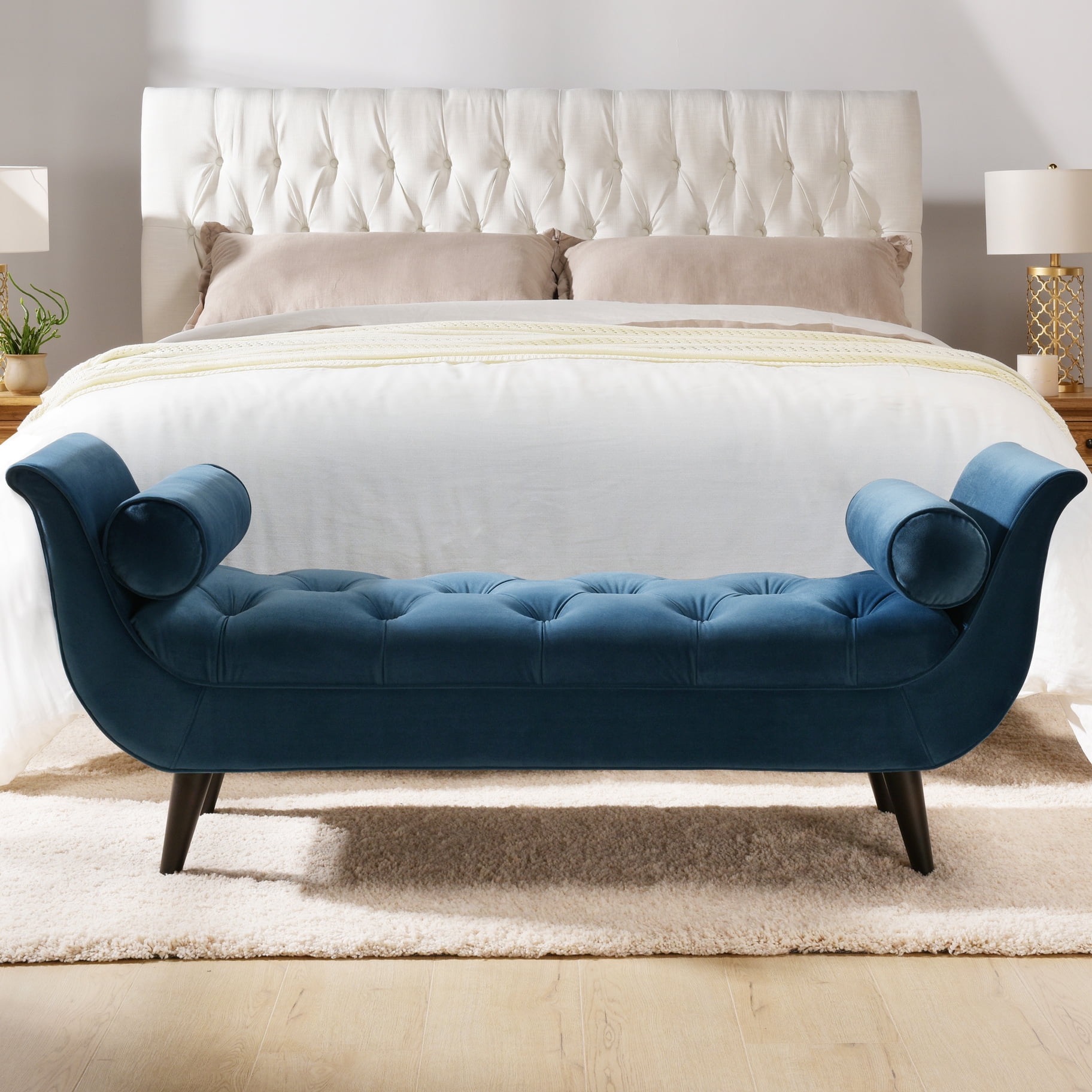 Blue Velvet Entryway Bench With Flared , 2 Bolster Pillows, Black Brown ...