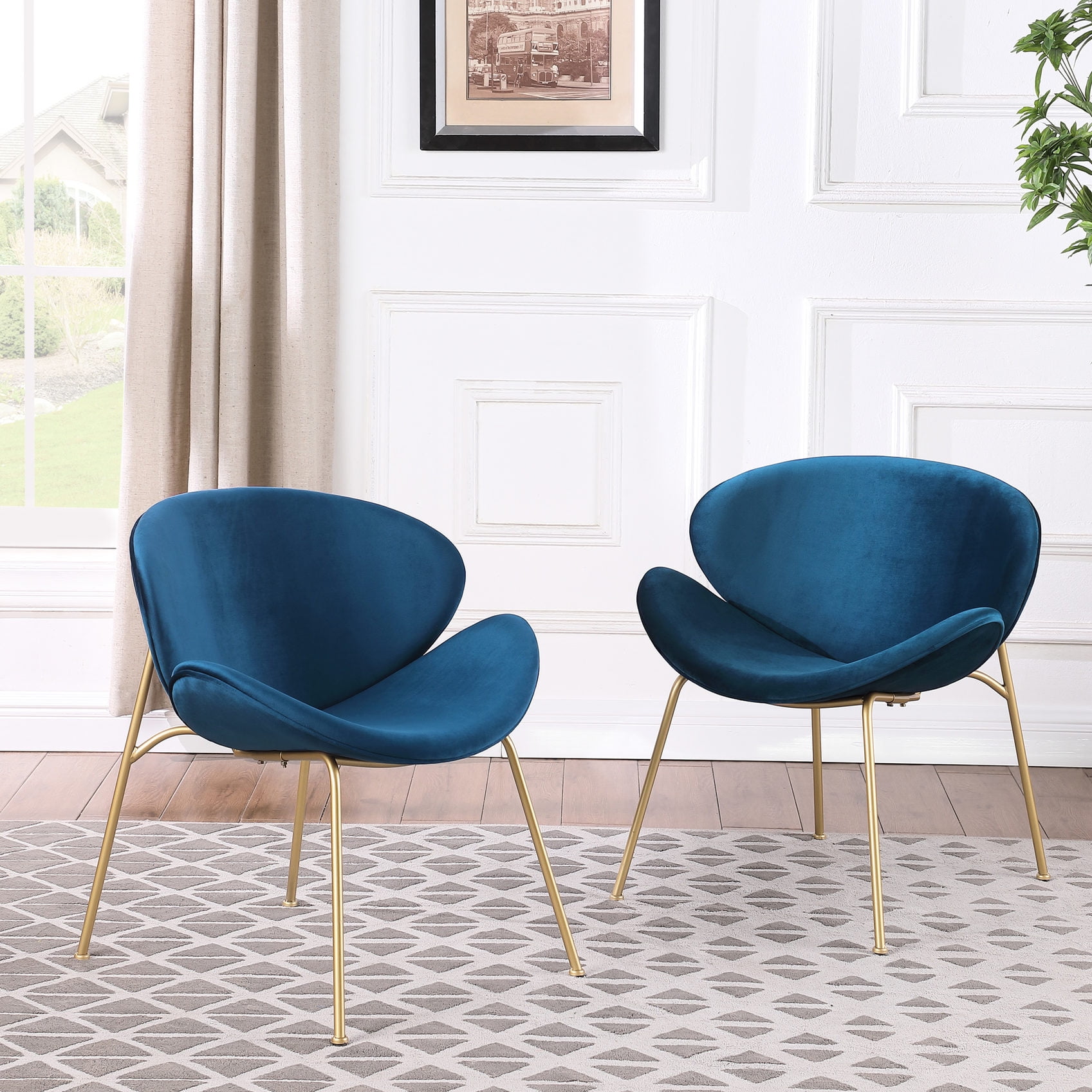 Blue Velvet Living Room Dining Chairs with Gold Legs, 2 Chairs/Box ...