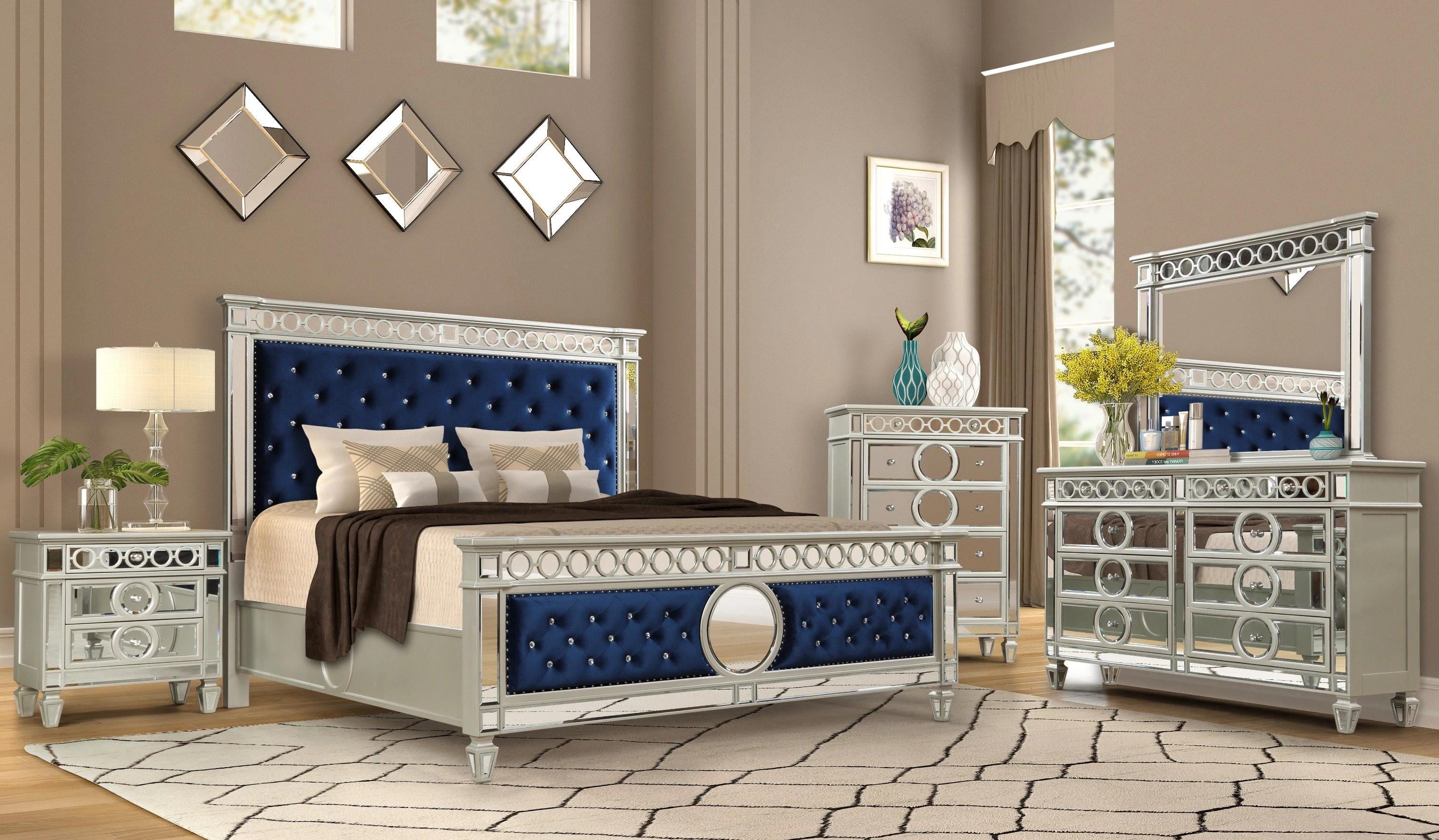 Blue Velvet & Mirror Accents Queen Bedroom Set 6Pcs McFerran B1688 ...