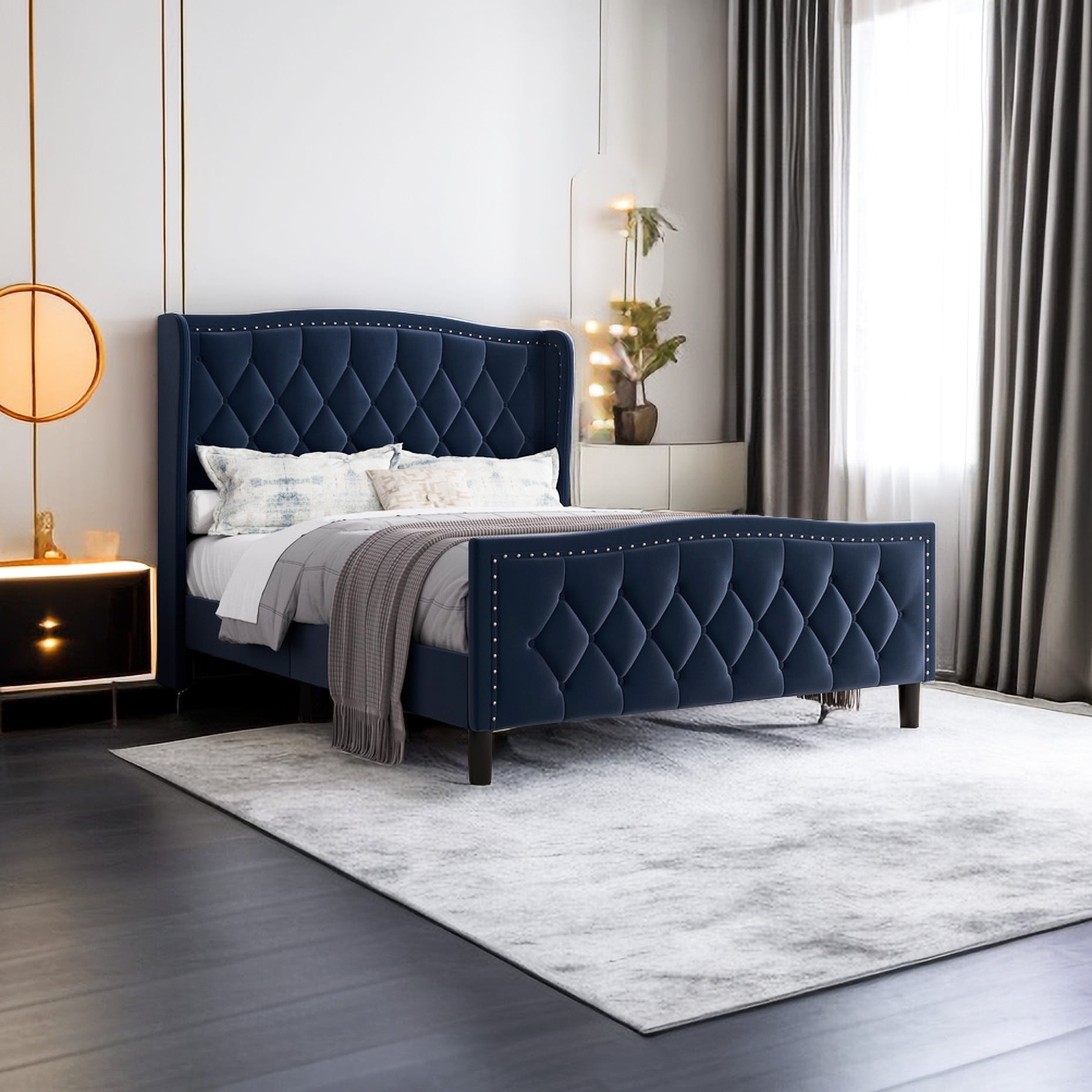 Blue Velvet Modern Bed - Platform With Easy Installation Feature For ...