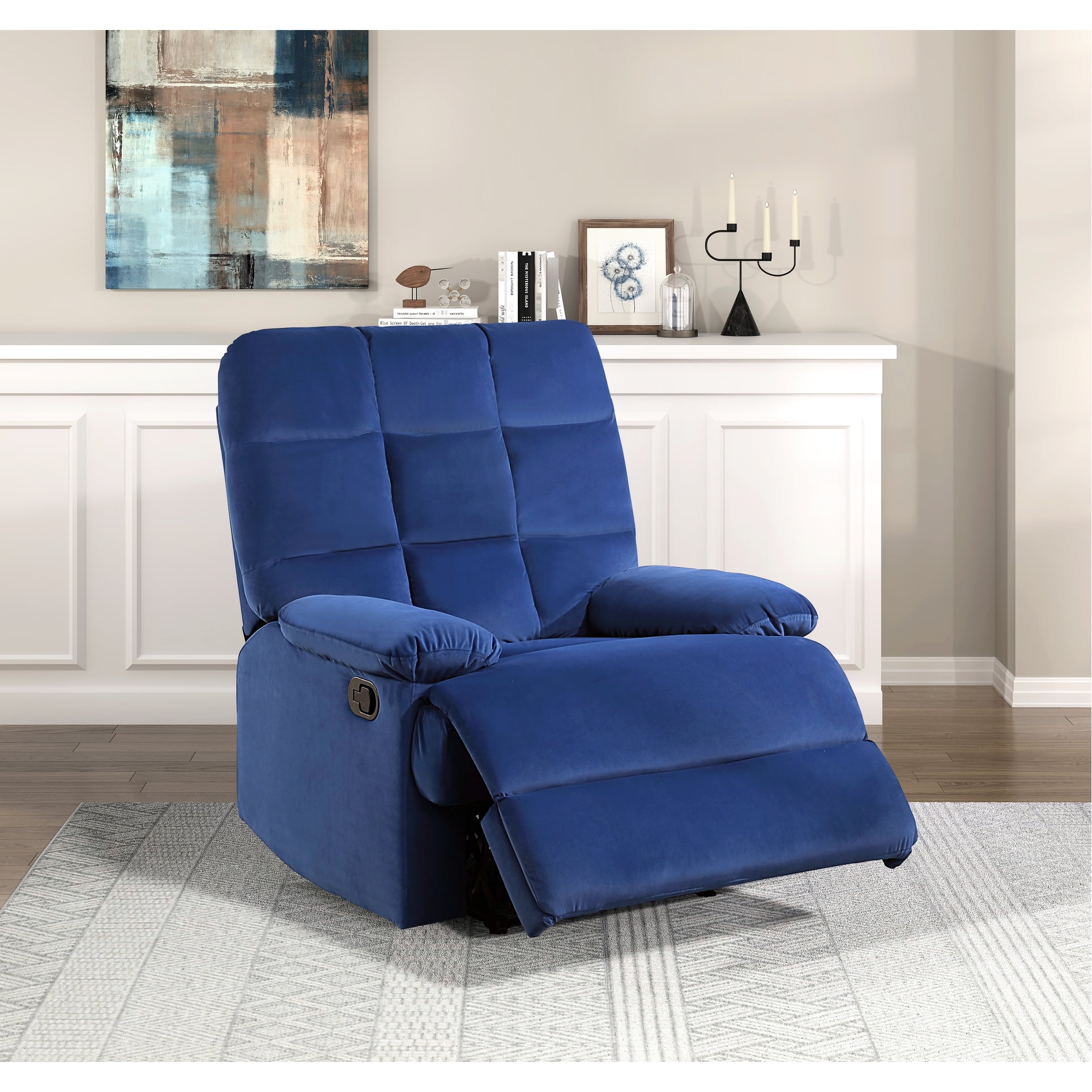 Blue Velvet Reclining Chair With Cushion Arms And Wood Frame For Living ...